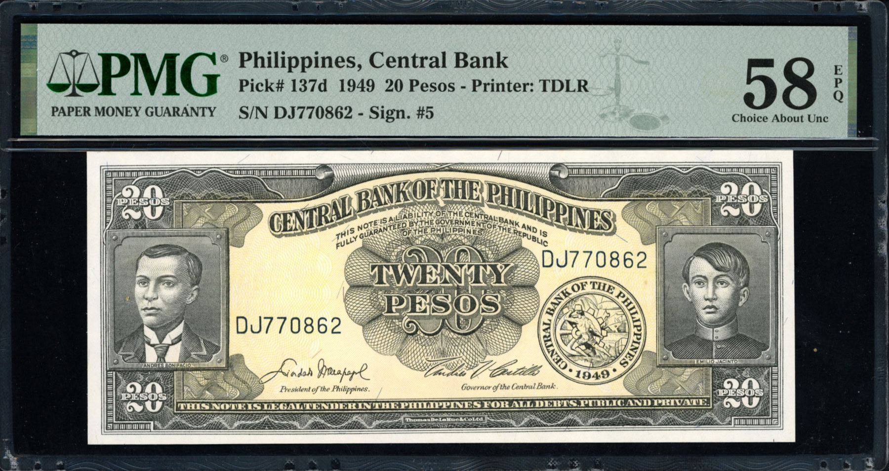 Philippines 1949 20 Pesos Central Bank Note SCWPM-137d PMG Choice About ...