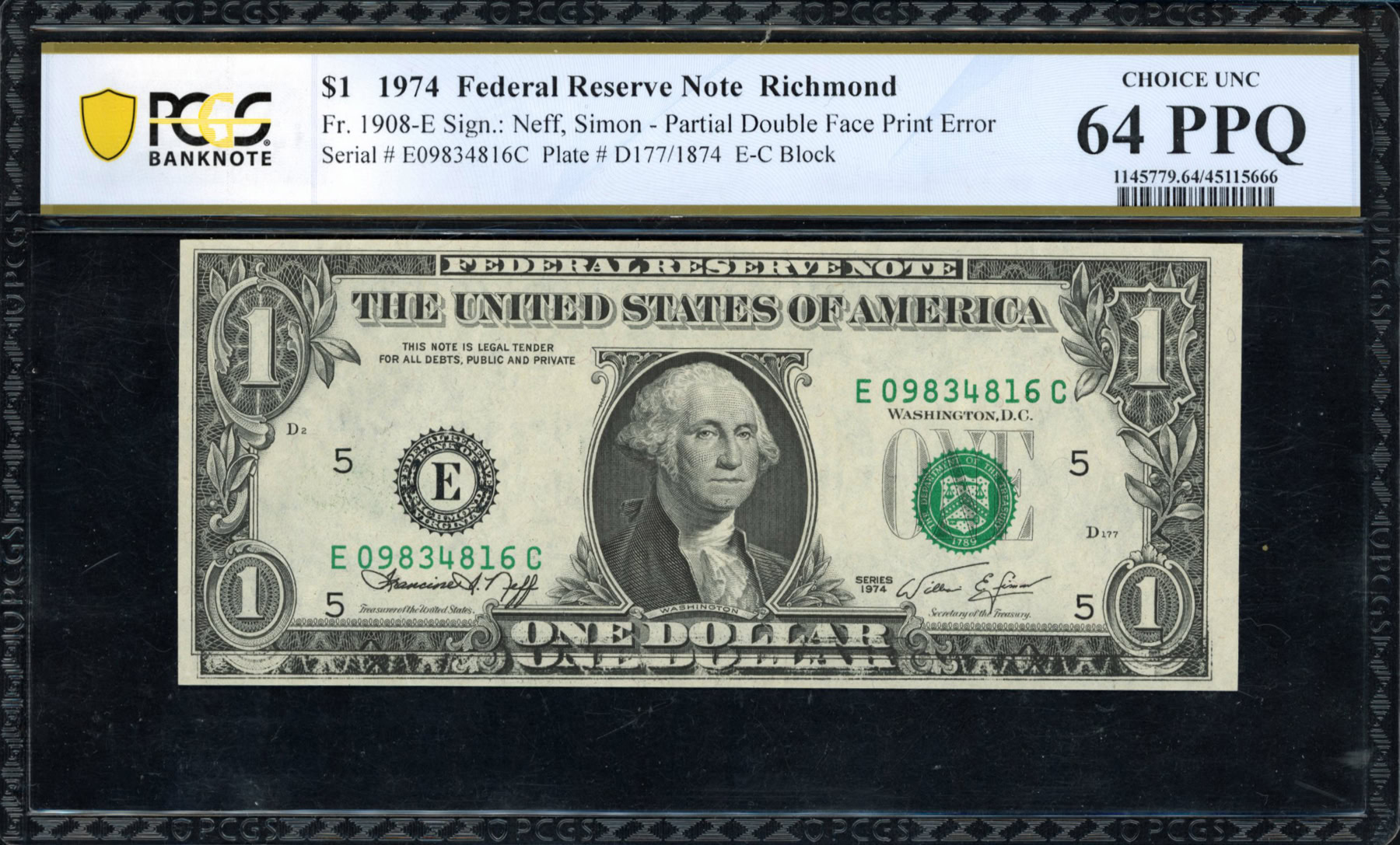 Fr. 1908-E (EC Block) 1974 $1 Richmond Federal Reserve Error Note ...