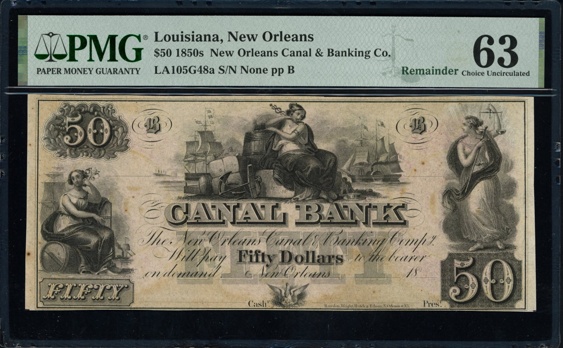 1850s New Orleans, Louisiana New Orleans Canal & Banking Co. $50 ...