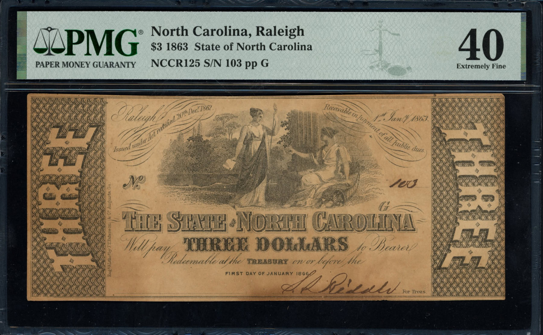 1863 Raleigh, North Carolina State of North Carolina $3 Note PMG ...