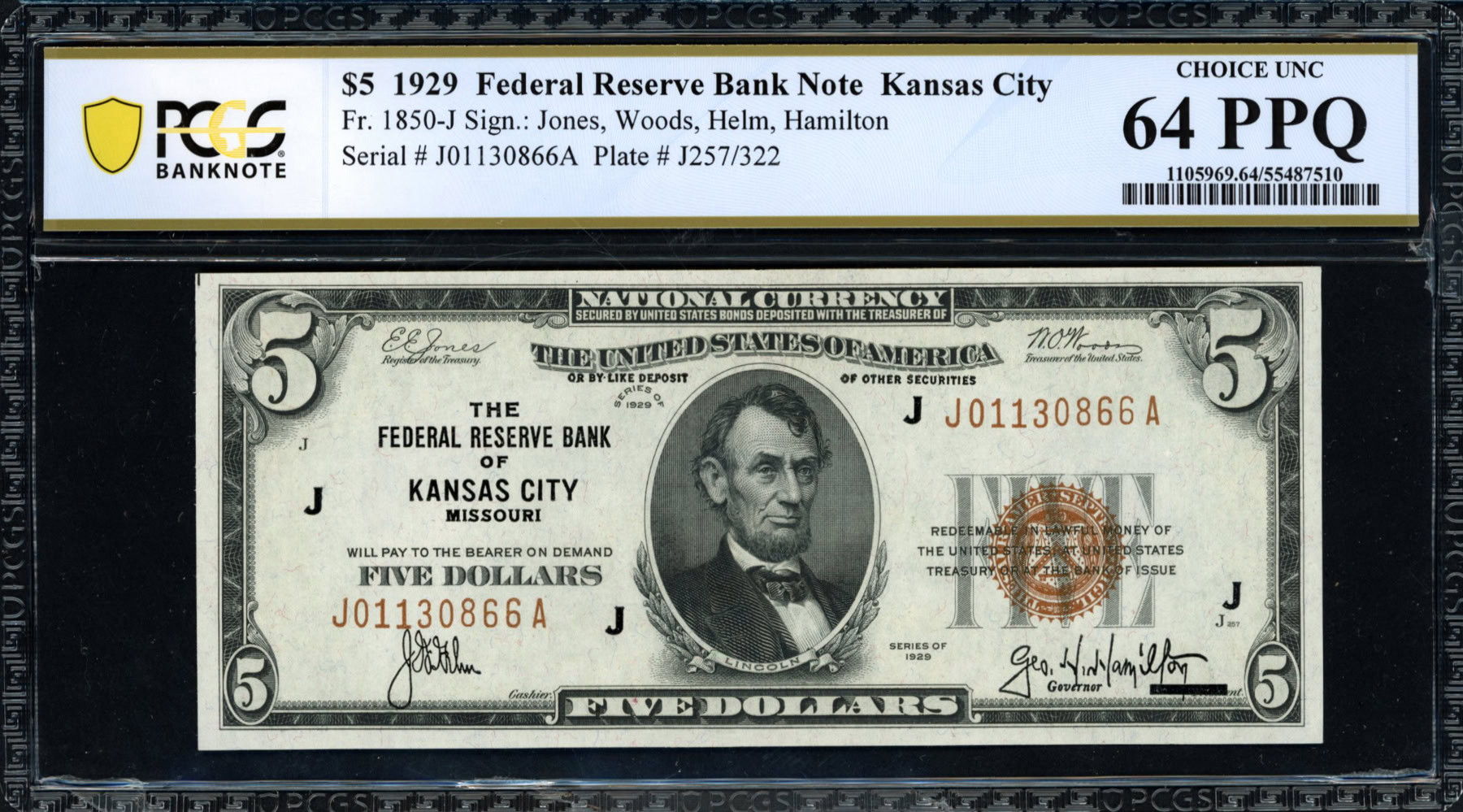 Fr. 1850-J (JA Block) 1929 $5 Kansas City Federal Reserve Bank Note ...