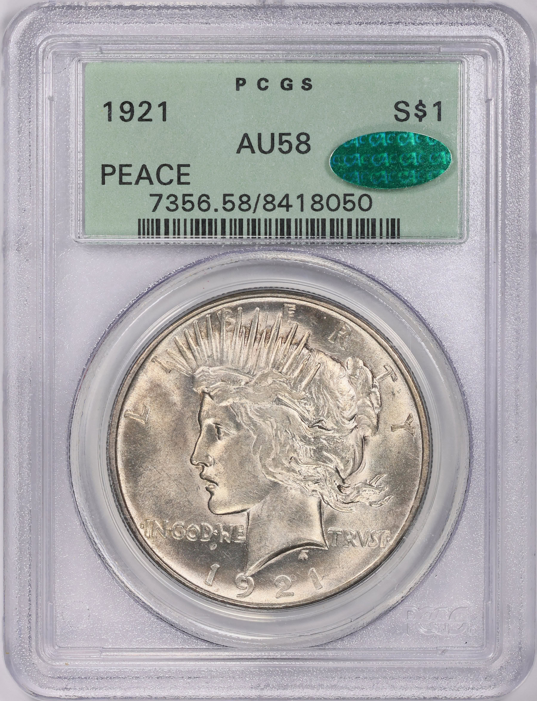 1921 Peace Silver Dollar High Relief PCGS AU-58 (CAC Green) OGH (Item ...