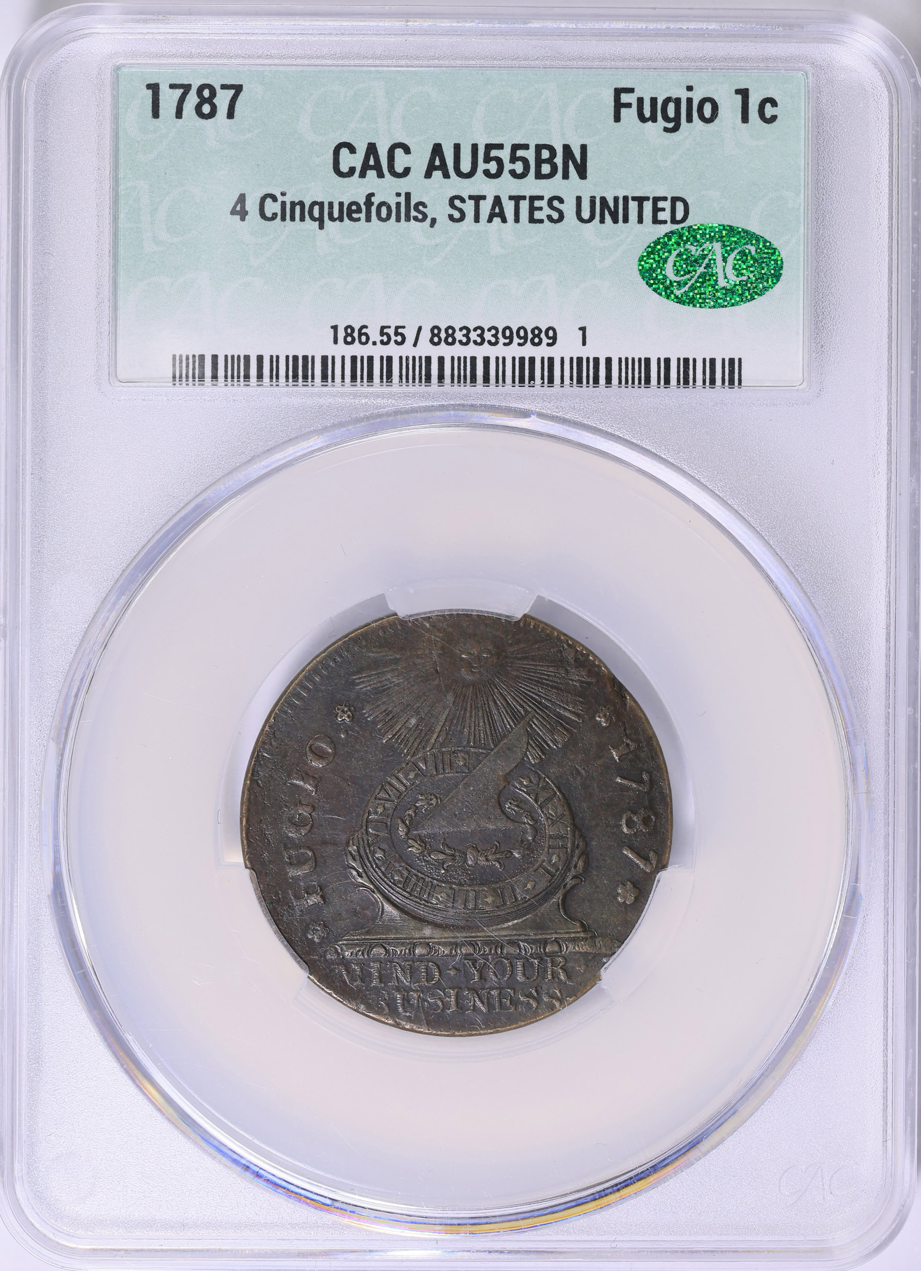 1787 Fugio Cent STATES UNITED, 4 Cinq CACG AU-55 BN (Item 1829931 ...