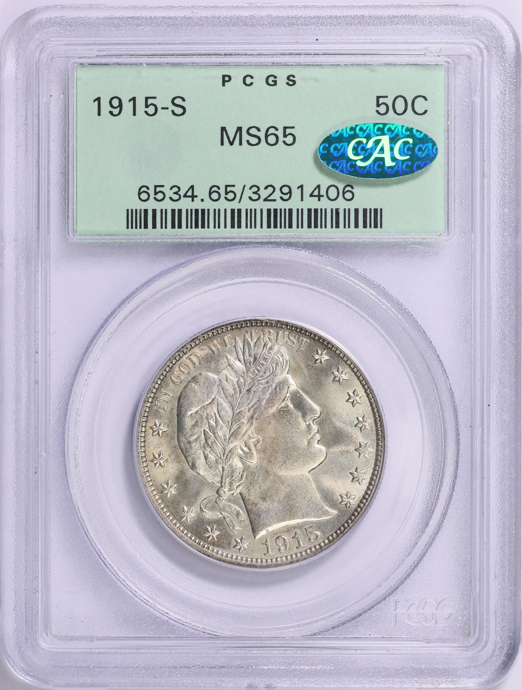 1915-S Barber Half Dollar PCGS MS-65 (CAC Green) OGH (Item 1829951) | GreatCollections Coin Auctions