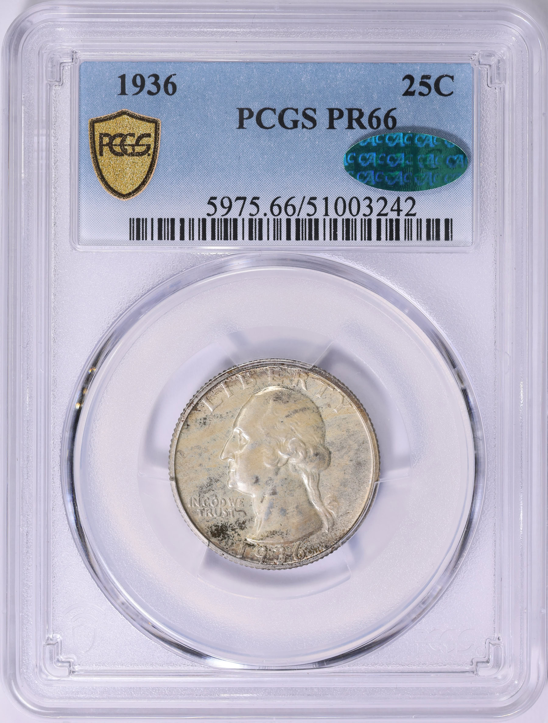 1936 Washington Quarter PCGS Proof-66 (CAC Green) (Toned) (Item 1829952) | GreatCollections Coin ...