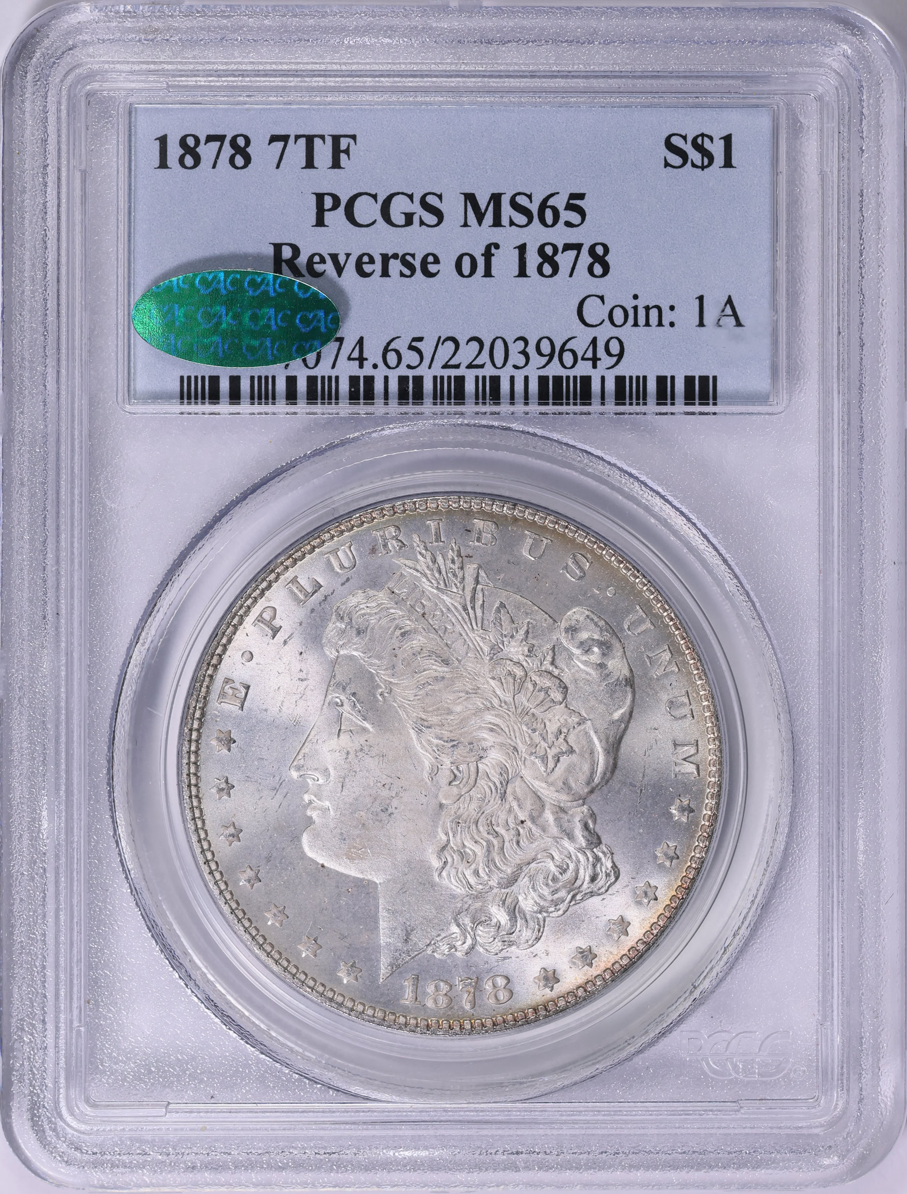 1878 Morgan Silver Dollar 7 Tailfeathers, Reverse of 1878 PCGS MS-65 (CAC Green) (Item 1829978 ...