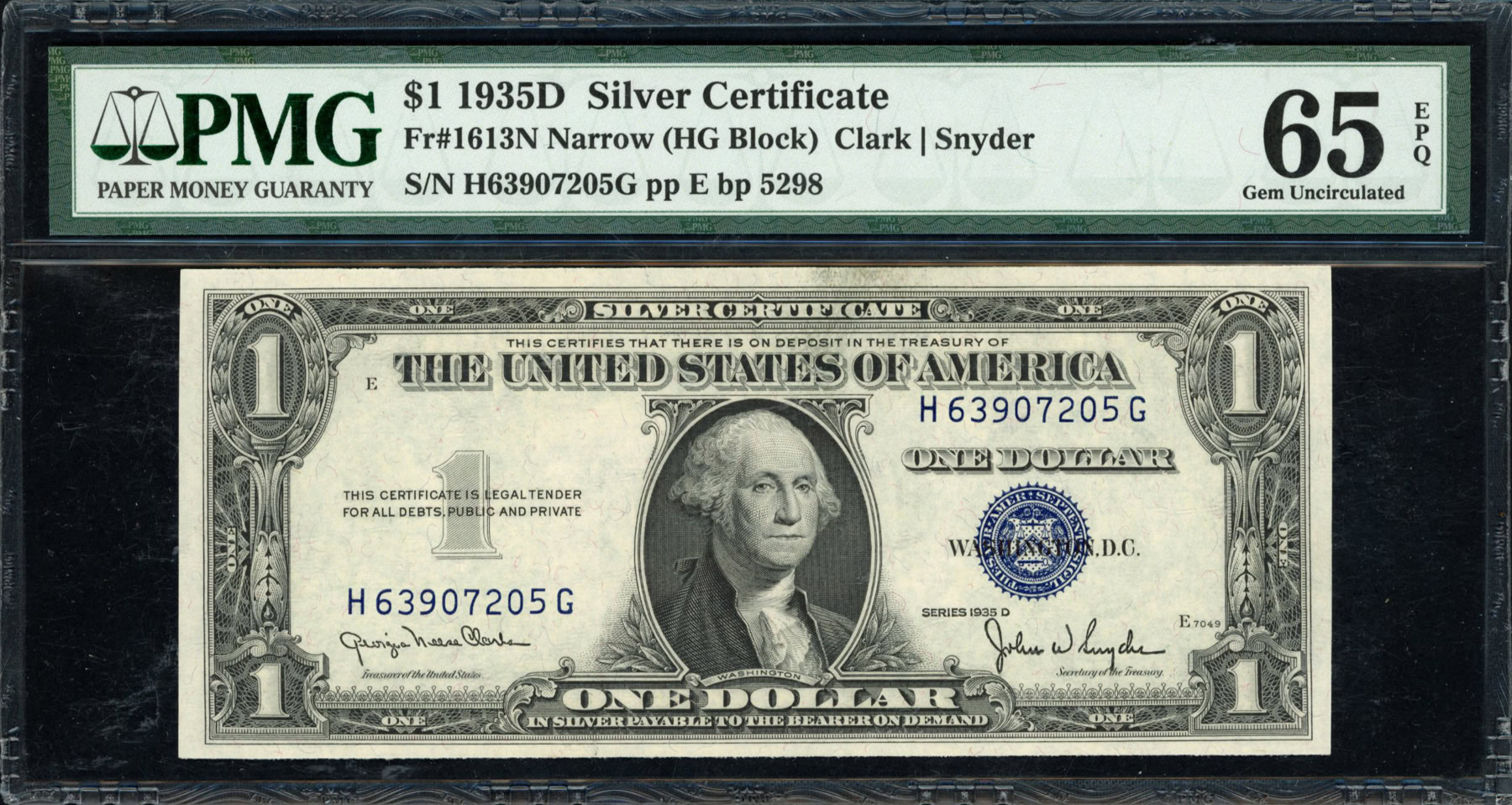 Fr. 1613N Narrow (HG Block) 1935D $1 Silver Certificate Note Clark ...