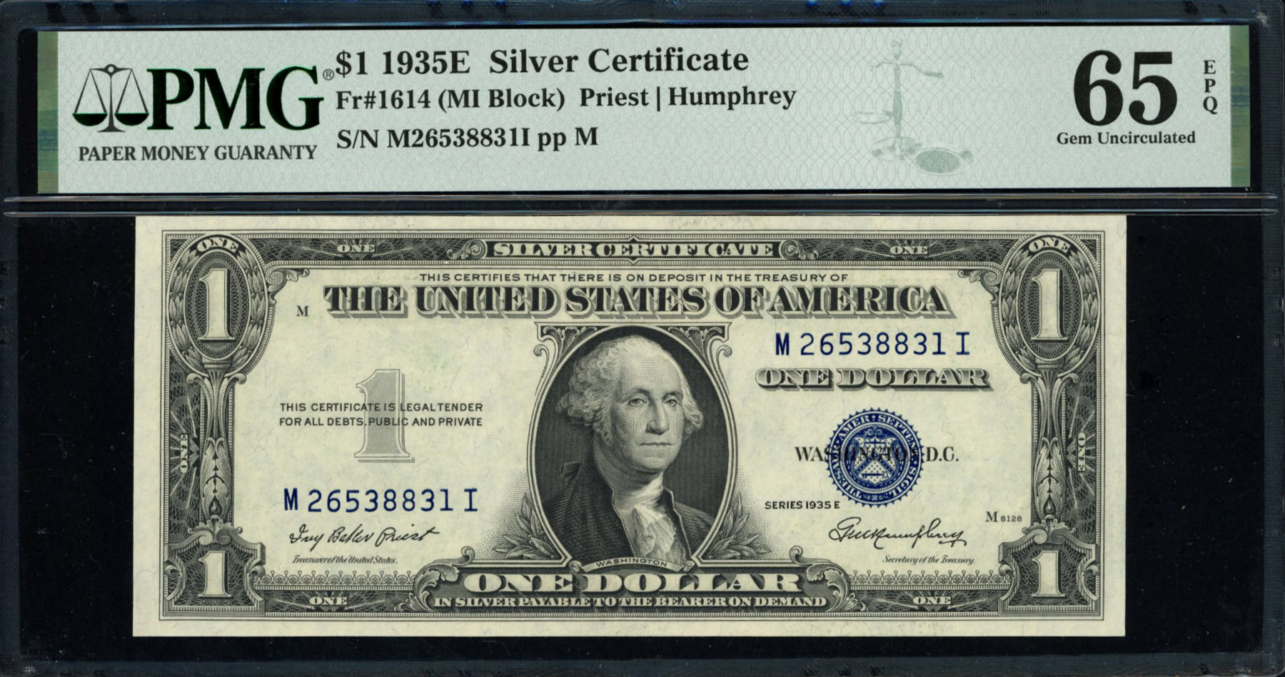 Fr. 1614 (MI Block) 1935E $1 Silver Certificate Note Priest / Humphrey PMG Gem Uncirculated 65 ...