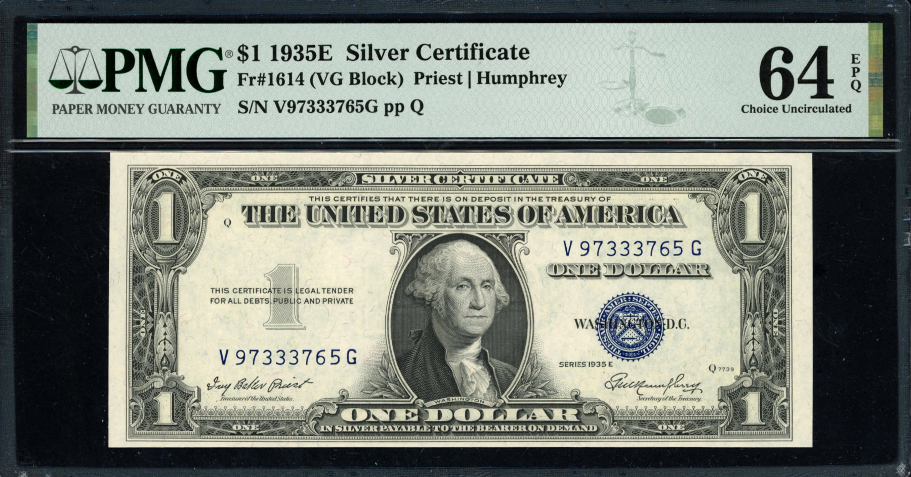 Fr. 1614 (VG Block) 1935E $1 Silver Certificate Note Priest / Humphrey PMG Choice Uncirculated ...