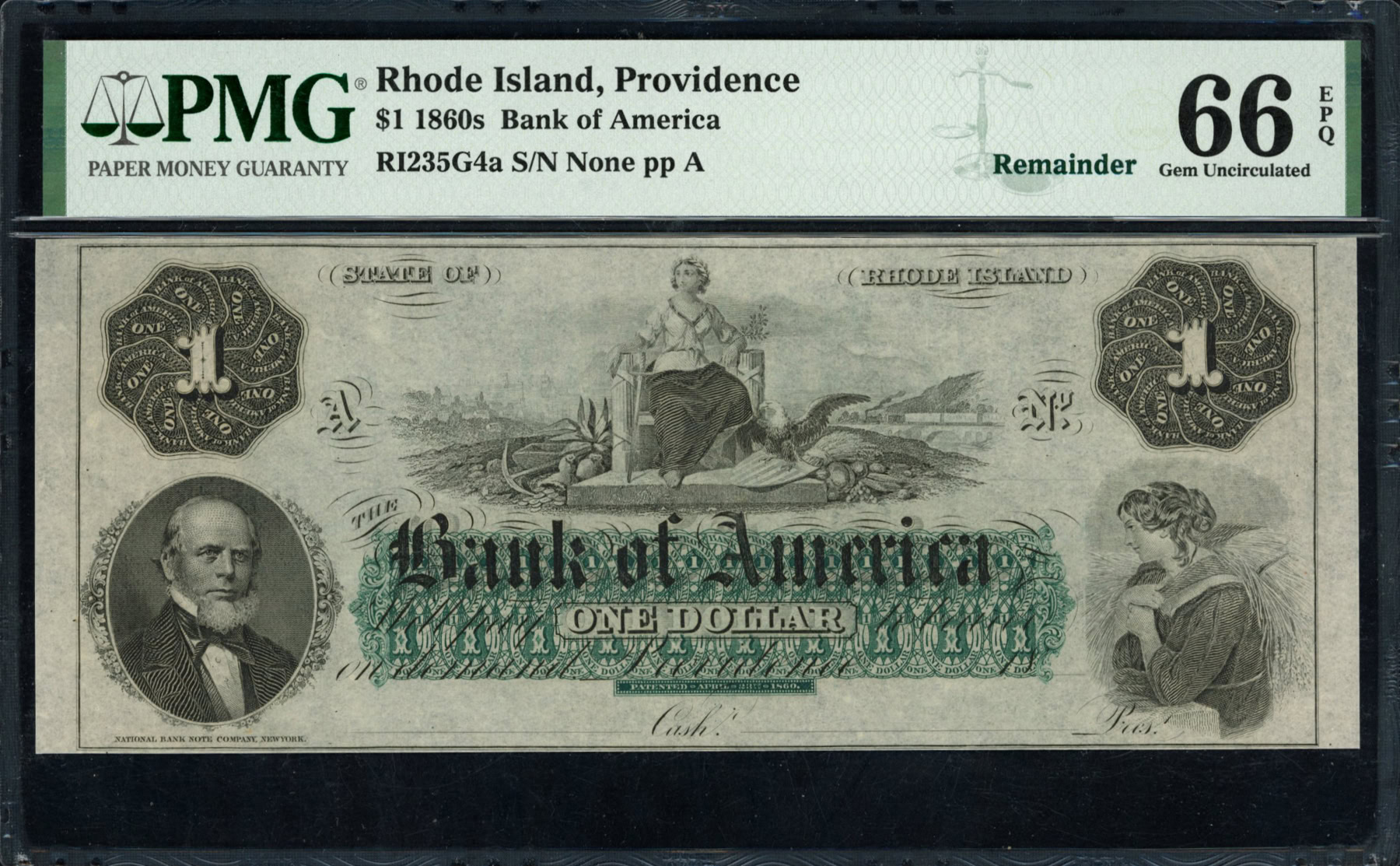 1860s Providence, Rhode Island Bank of America $1 Remainder Note PMG ...