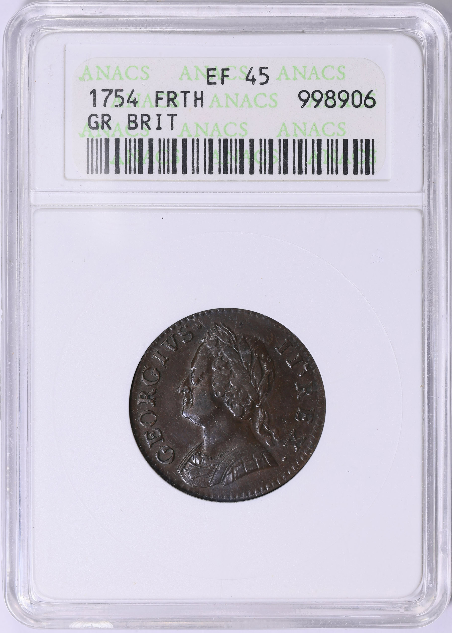 Great Britain 1754 Farthing S-3722 ANACS XF-45 BN OH (Item 1830066) | GreatCollections Coin Auctions