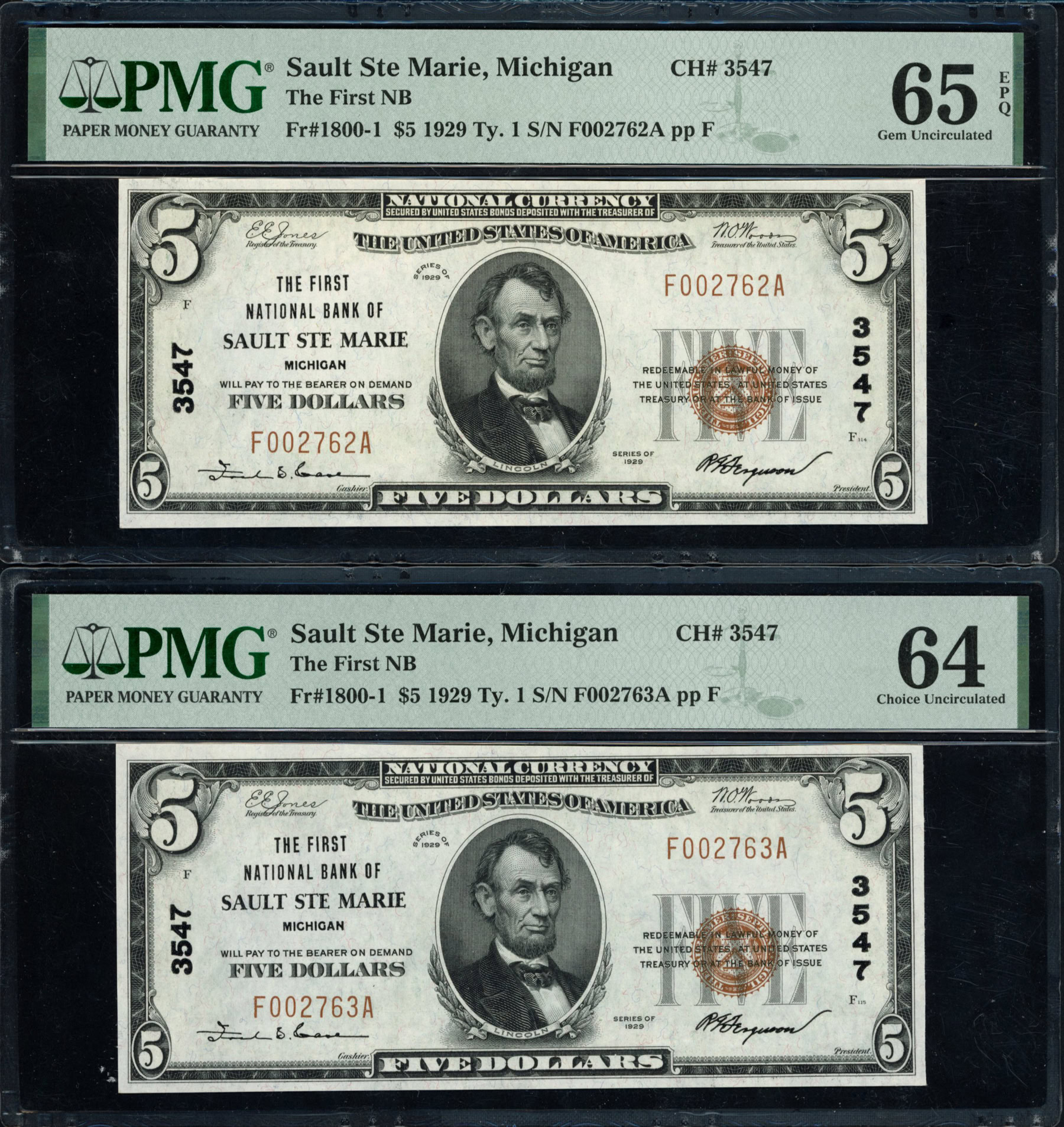 Fr. 1800-1 Saul Ste Marie, Michigan 1929 Type 1 $5 Notes *Sequential ...