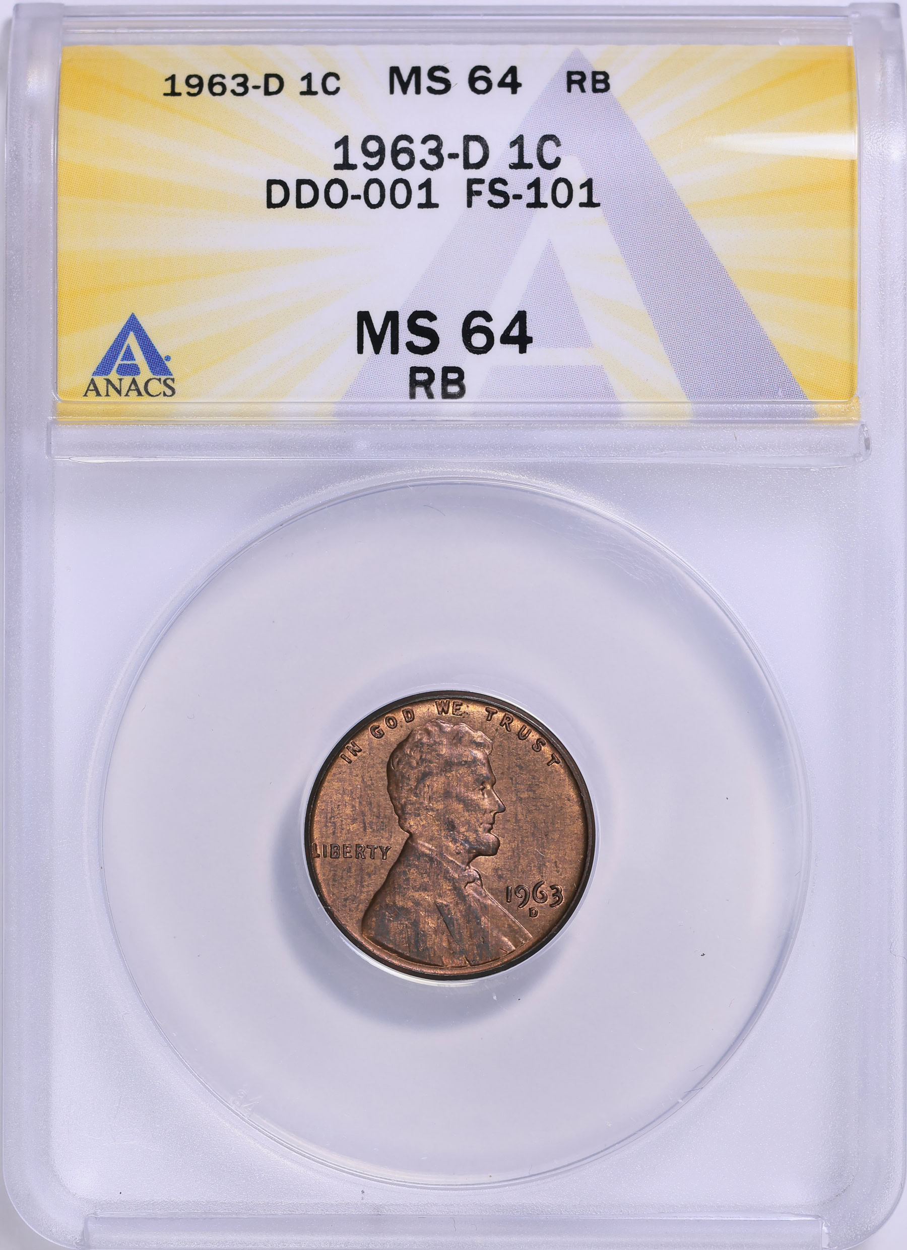 1963-D Lincoln Cent DDO-001 FS-101 ANACS MS-64 RB (Item 1830155) | GreatCollections Coin Auctions