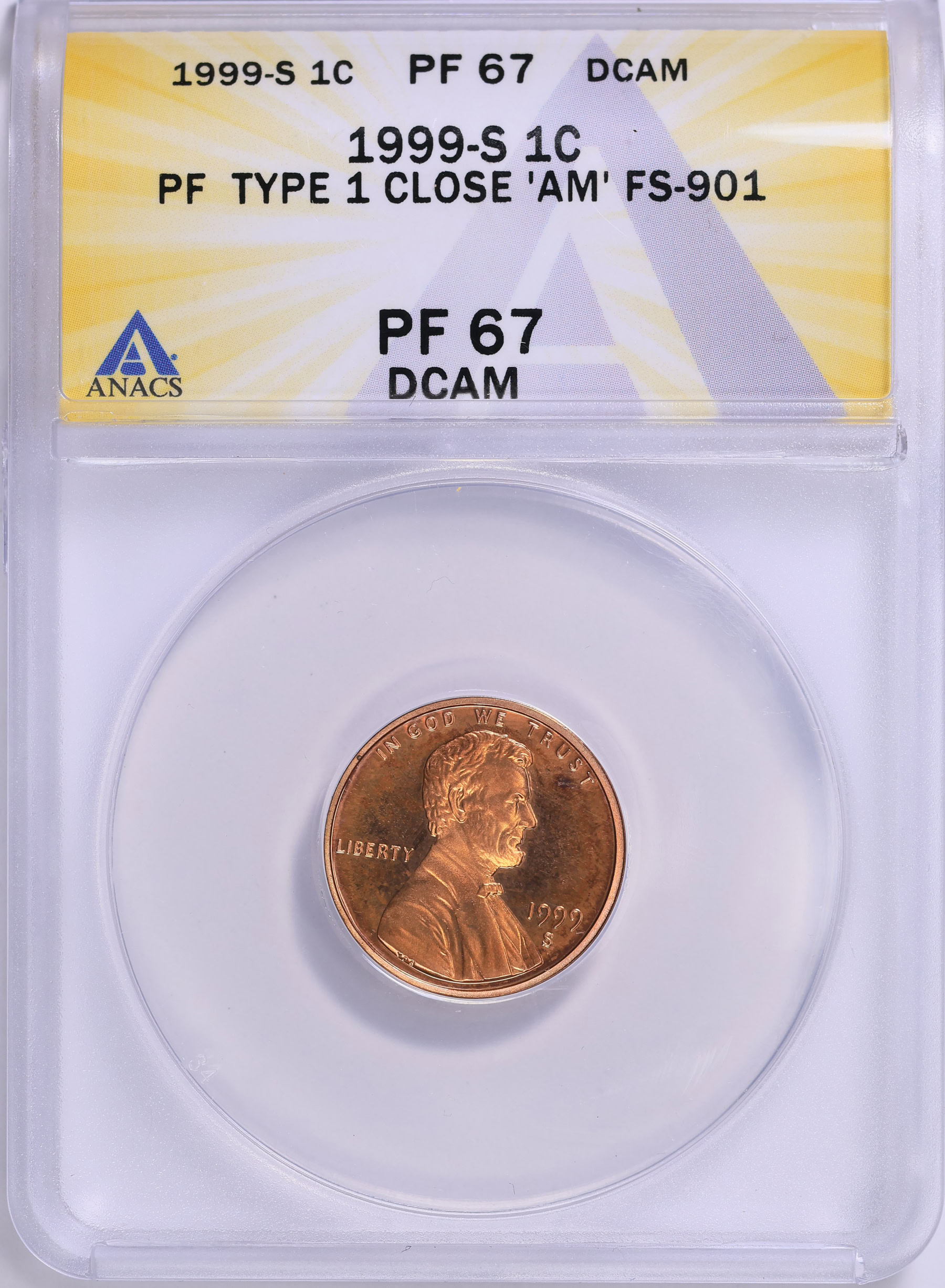 1999-S Lincoln Cent Type 1 Close AM FS-901 ANACS Proof-67 DCAM (Item 1830156) | GreatCollections ...