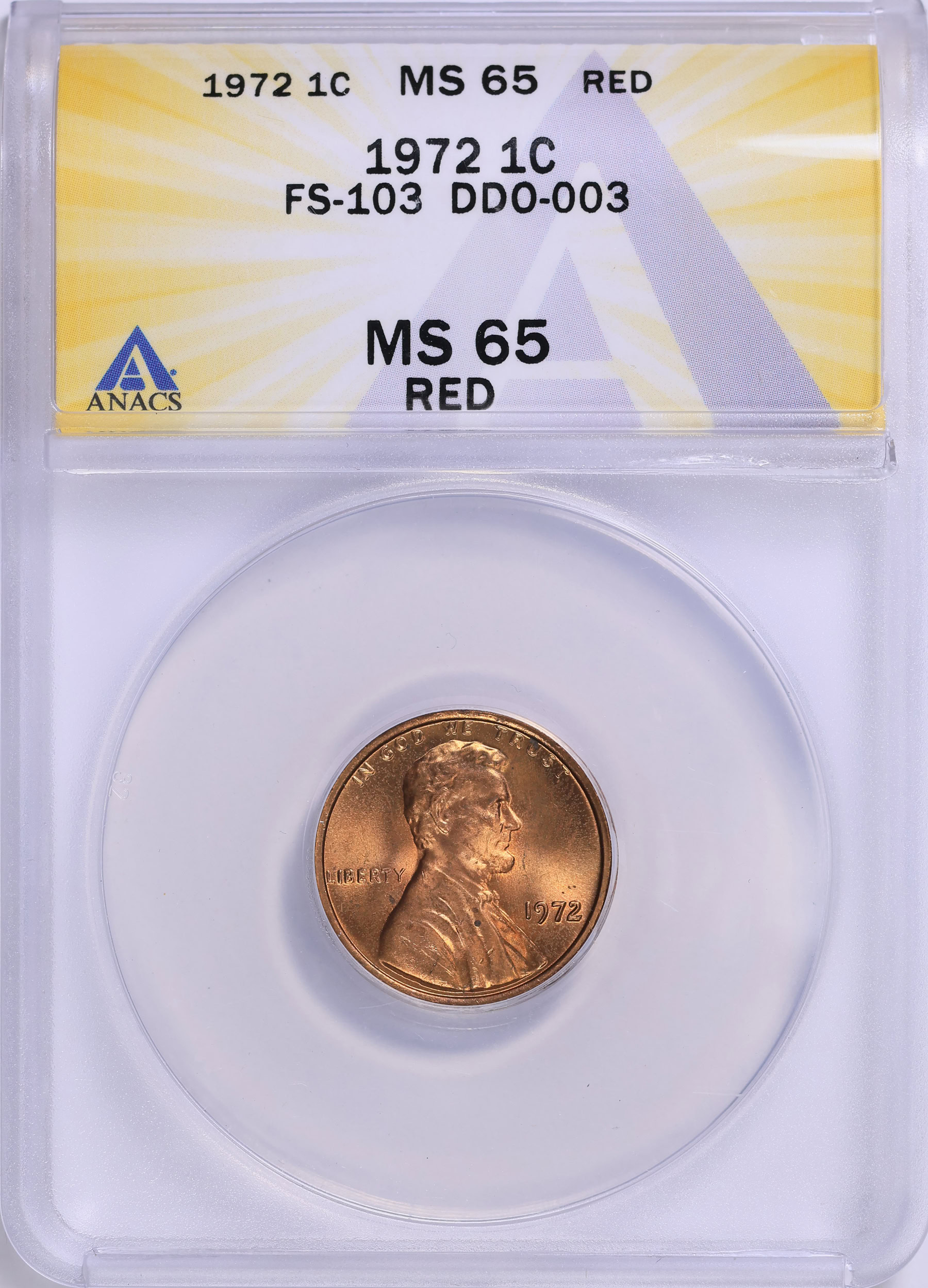 1972 Lincoln Cent DDO-003 FS-103 ANACS MS-65 RD (Item 1830163) | GreatCollections Coin Auctions