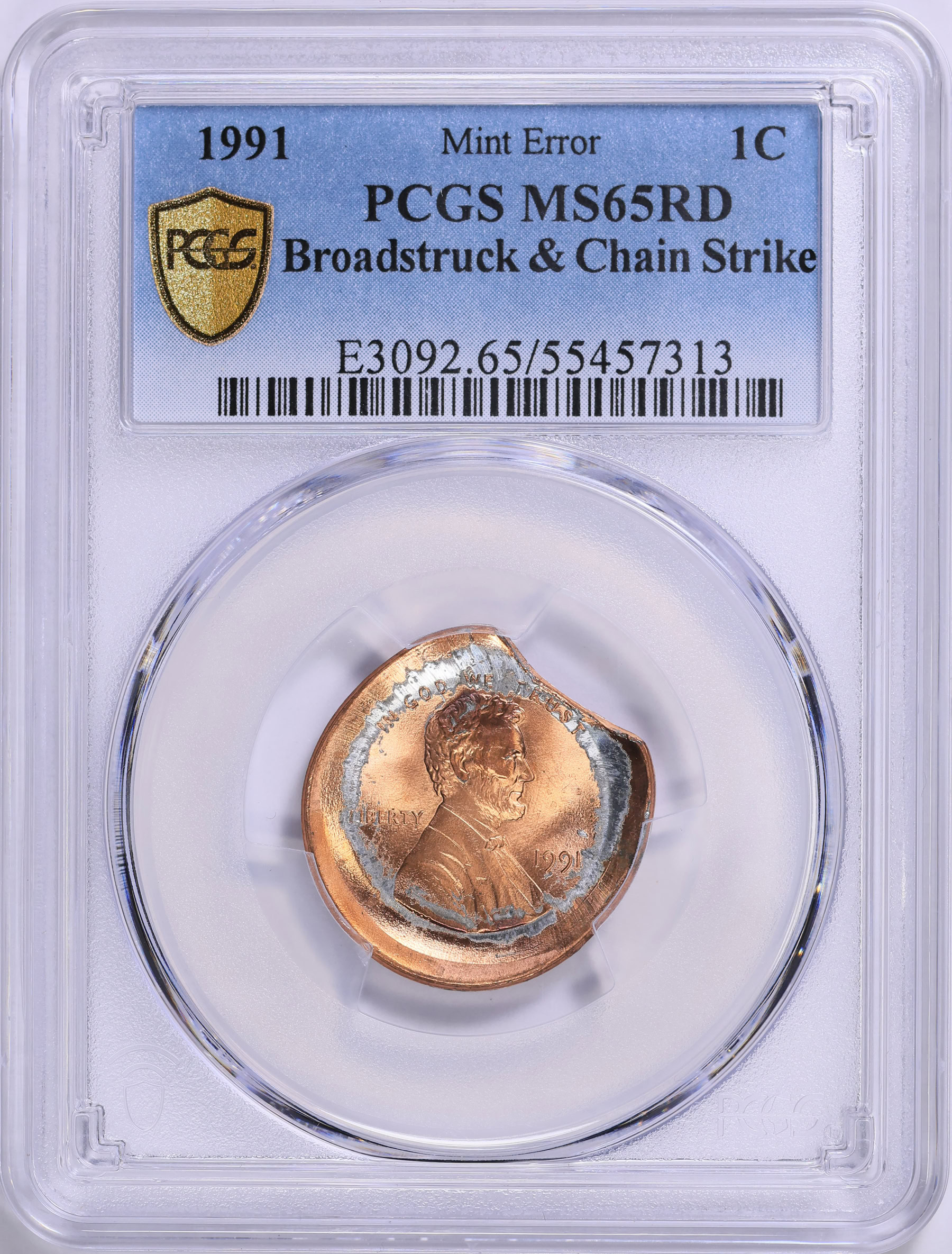 Mint Error 1991 Lincoln Cent Broadstruck & Chain Strike PCGS MS-65 ...