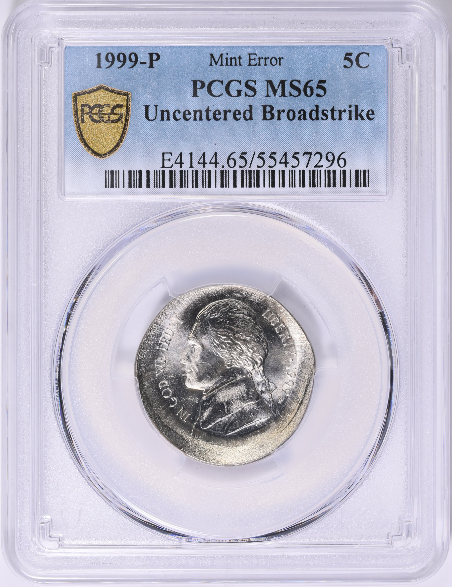 Mint Error 1999-P Jefferson Nickel Uncentered Broadstrike PCGS MS-65 ...