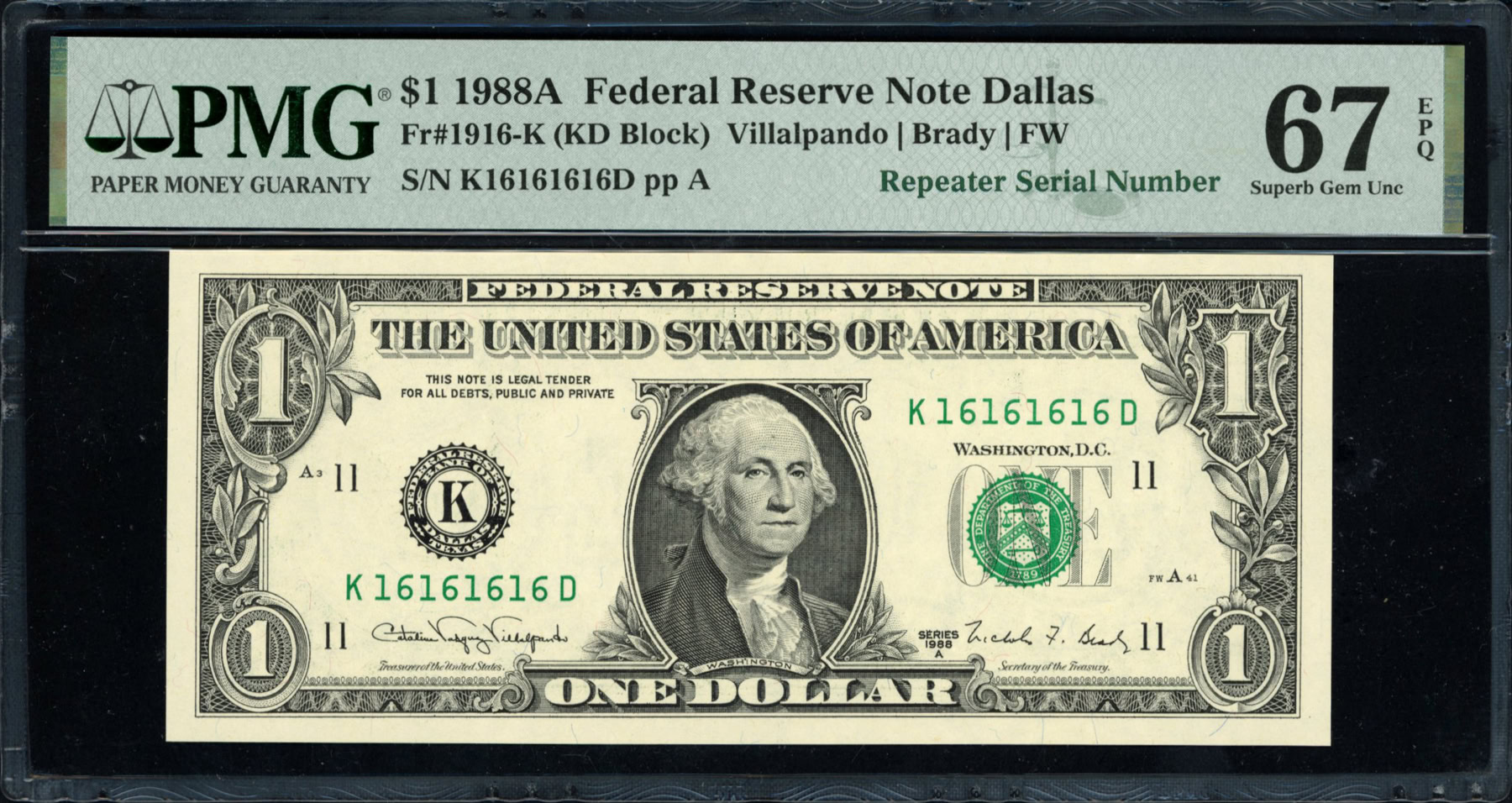 Fr. 1916-K (KD Block) 1988A $1 Dallas Federal Reserve Note *Repeater ...