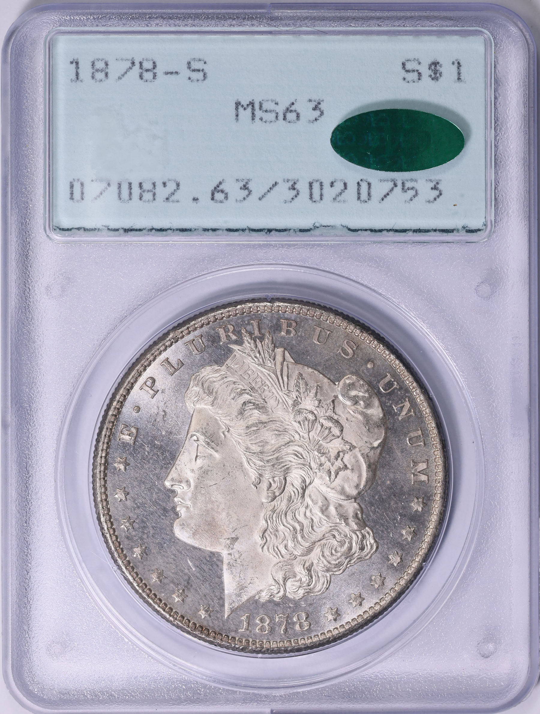 1878-S Morgan Silver Dollar PCGS MS-63 (CAC Green) OGH (1st Gen) (Item 1830275 ...