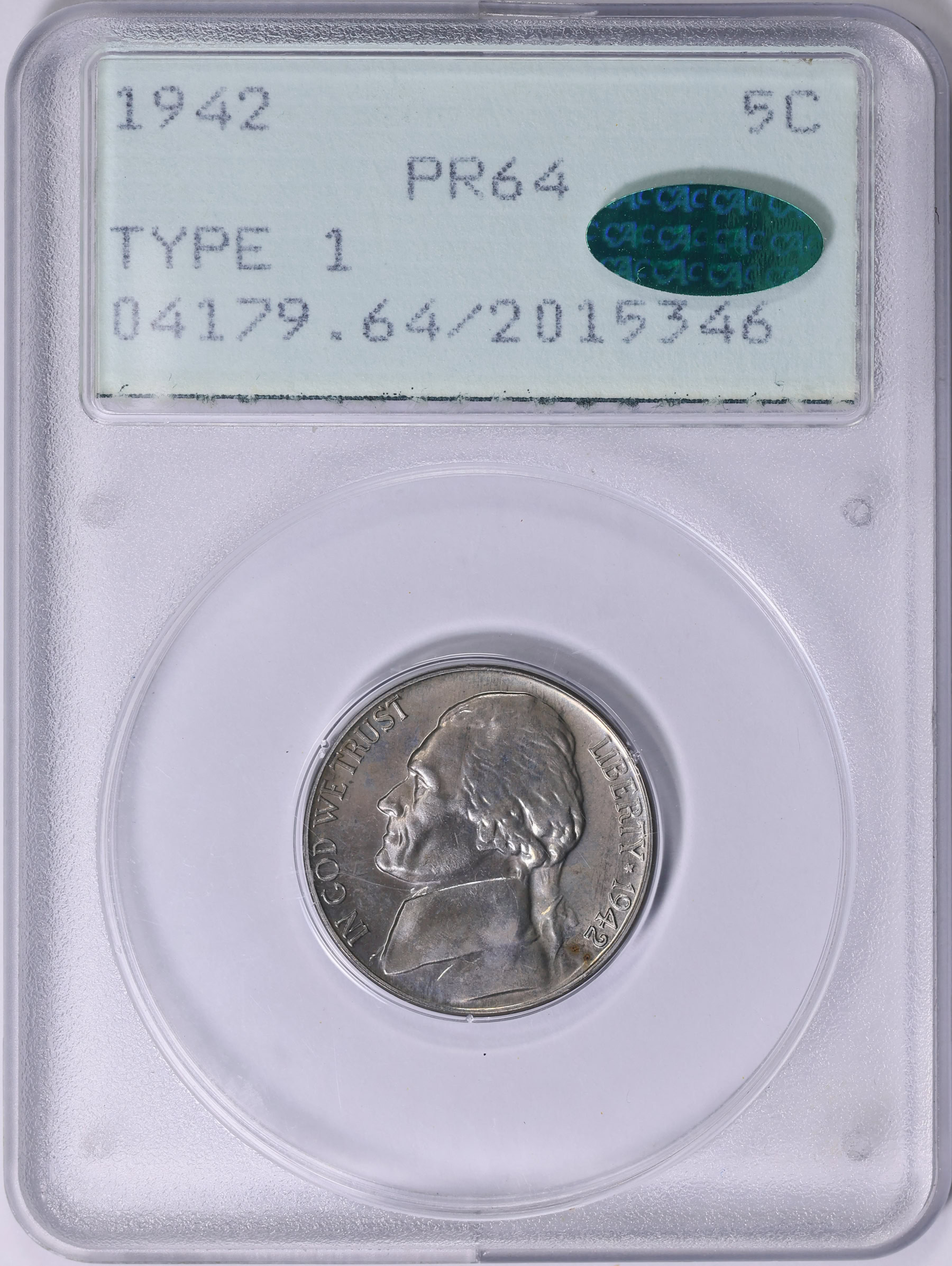 1942 Jefferson Nickel Type 1 PCGS Proof-64 (CAC Green) OGH (1st Gen) (Item 1830279 ...