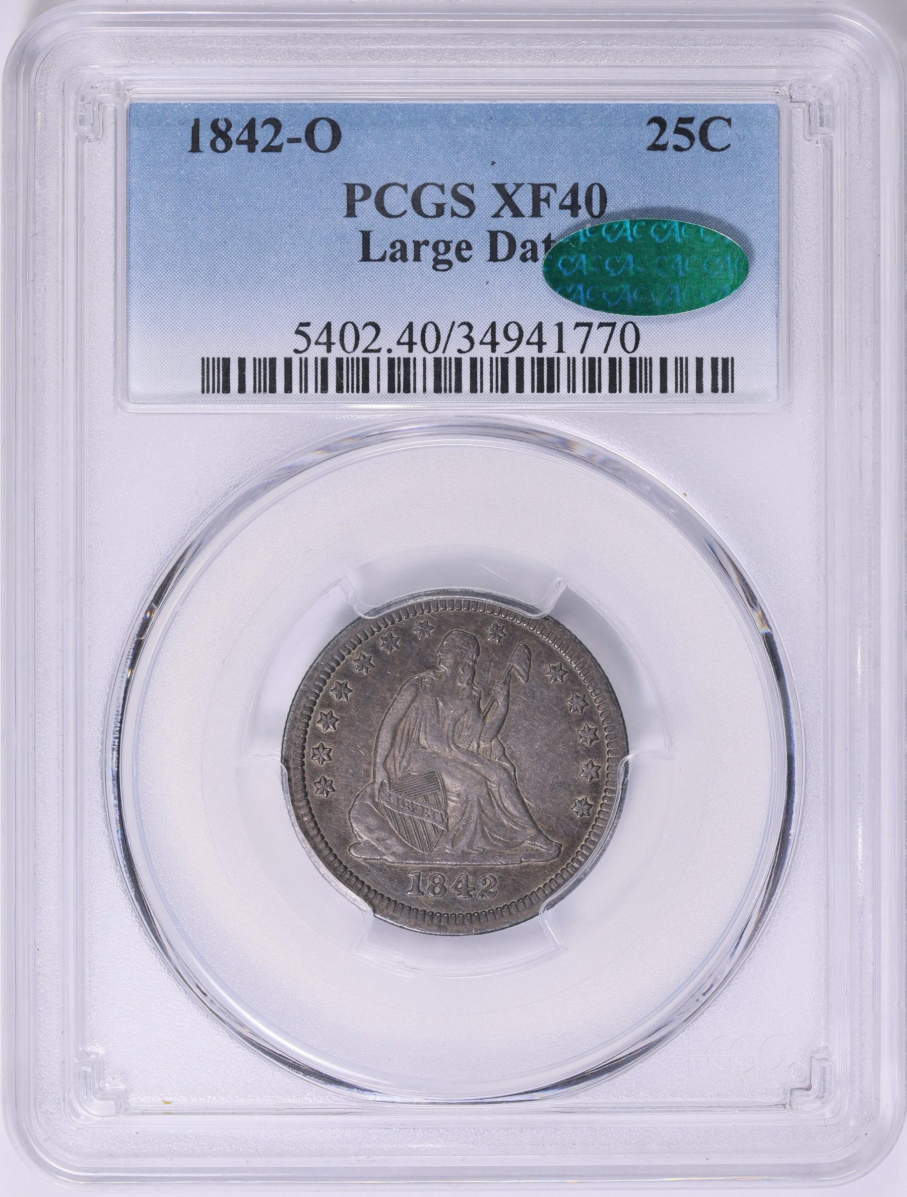 1842-O Seated Liberty Quarter Large Date PCGS XF-40 (CAC Green) (Toned) (Item 1830291 ...