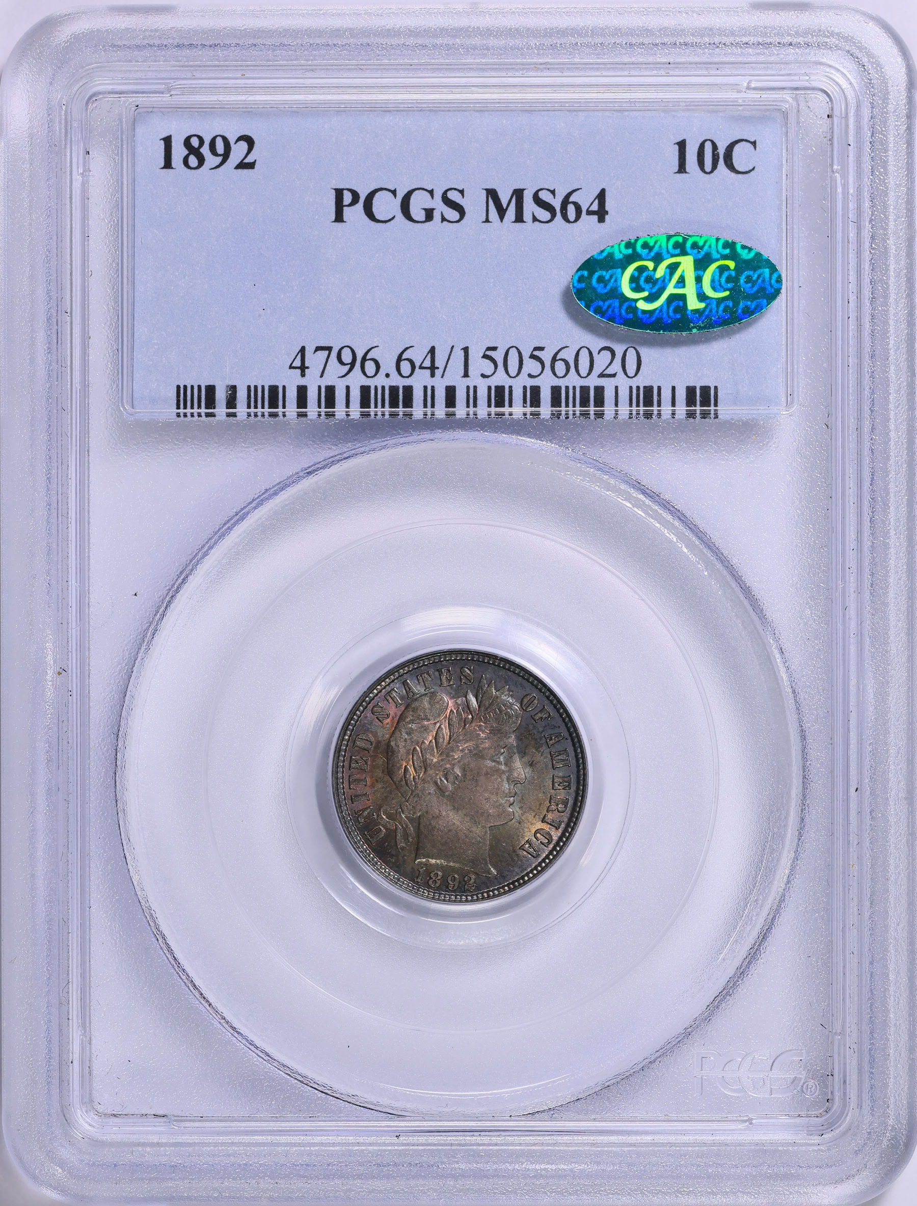 1892 Barber Dime PCGS MS-64 (CAC Green) (Toned) (Item 1830320 ...
