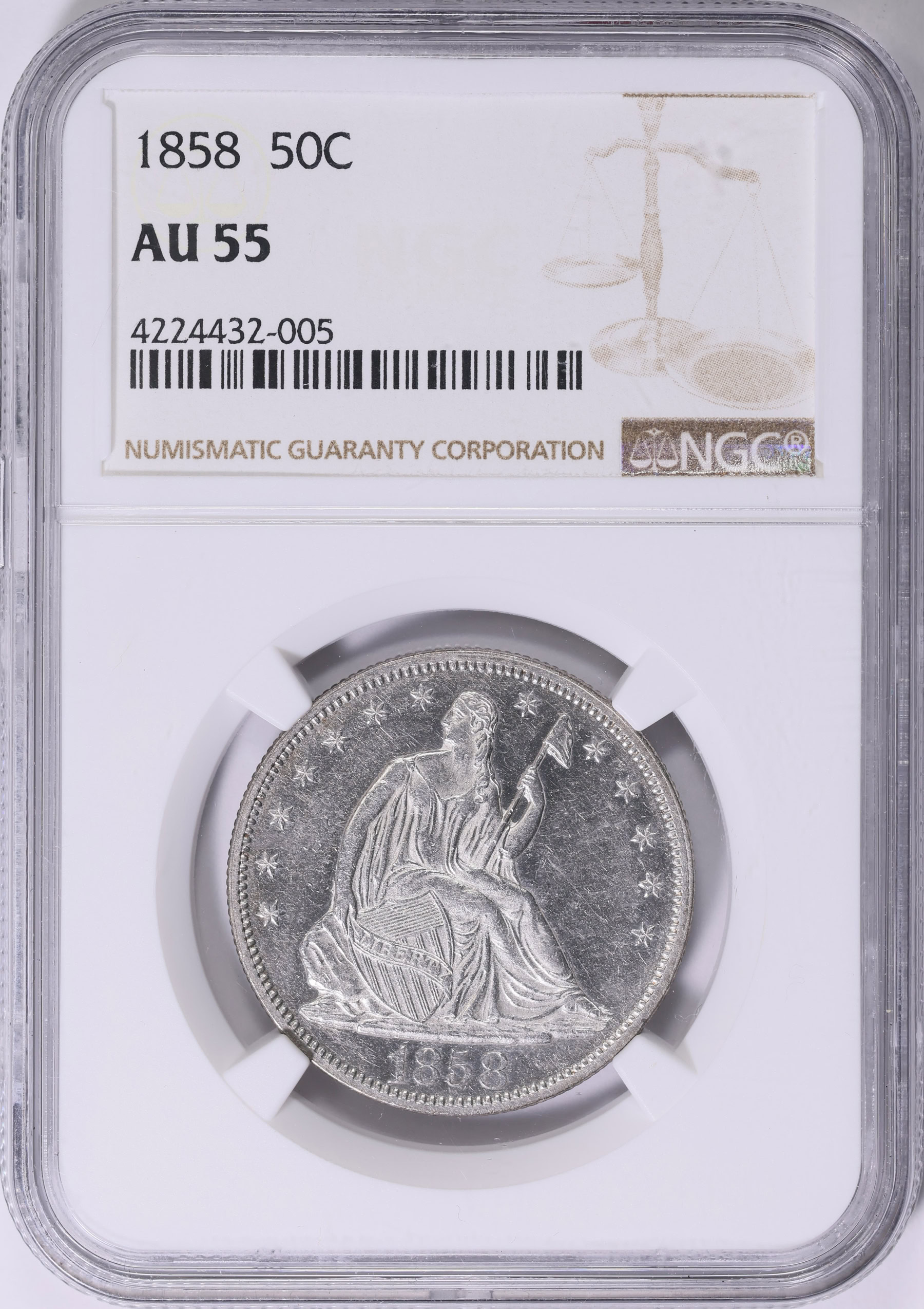 1858 Seated Liberty Half Dollar NGC AU-55 (Item 1830327) | GreatCollections Coin Auctions