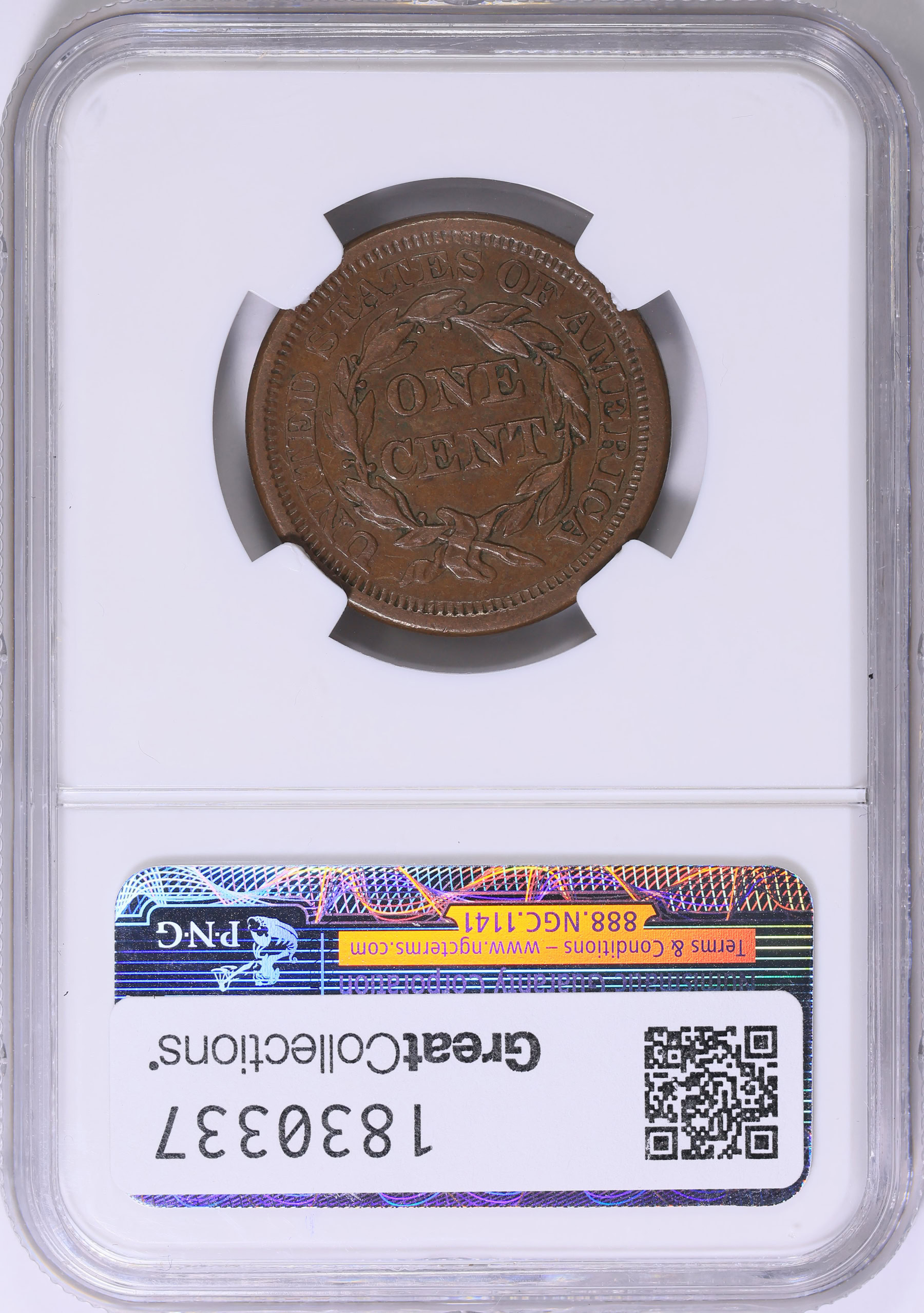 1856 Braided Hair Cent Upright 5 NGC AU-50 BN (Item 1830337) | GreatCollections Coin Auctions