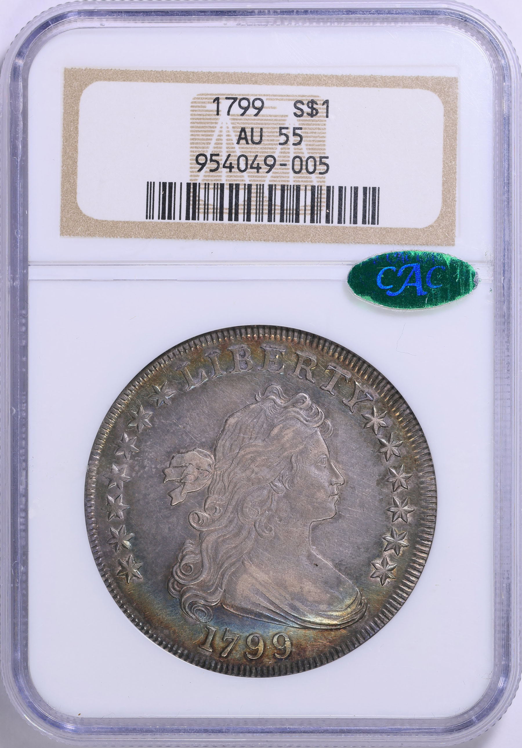 1799 Draped Bust Silver Dollar NGC AU-55 (CAC Green) (Toned) (Item 1830450) | GreatCollections ...