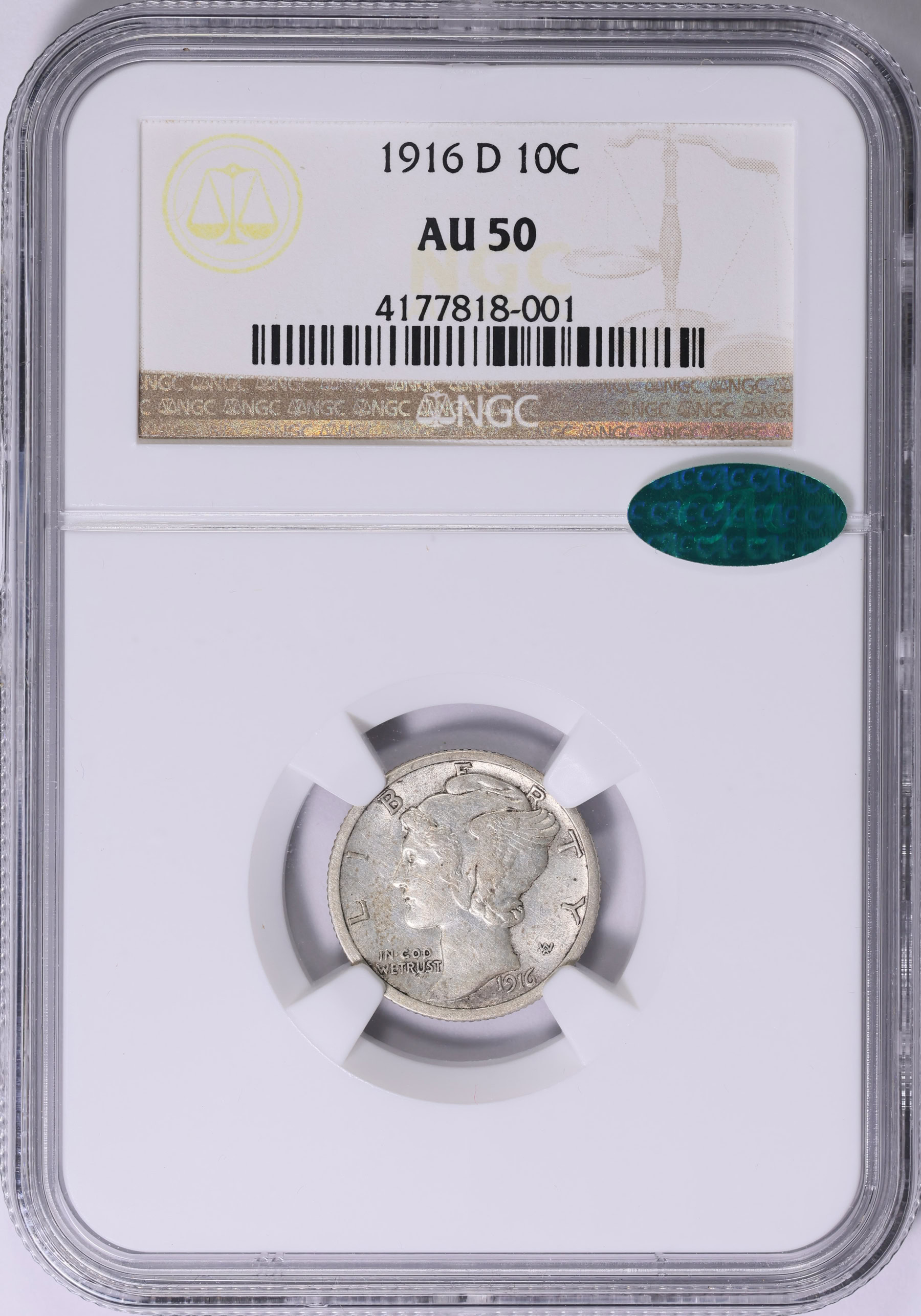 1916-D Mercury Dime NGC AU-50 (CAC Green) (Item 1830452) | GreatCollections Coin Auctions