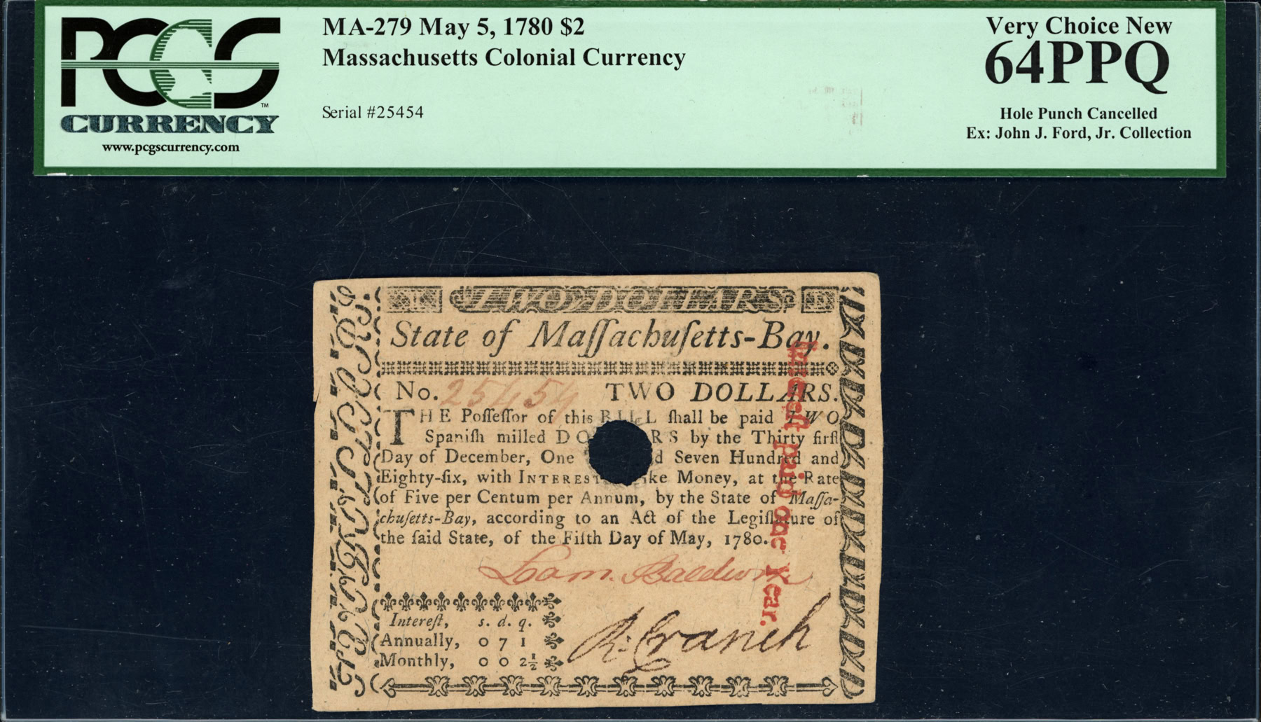 Fr. MA-279 May 5, 1780 $2 Massachusetts Colonial Note PCGS Currency ...