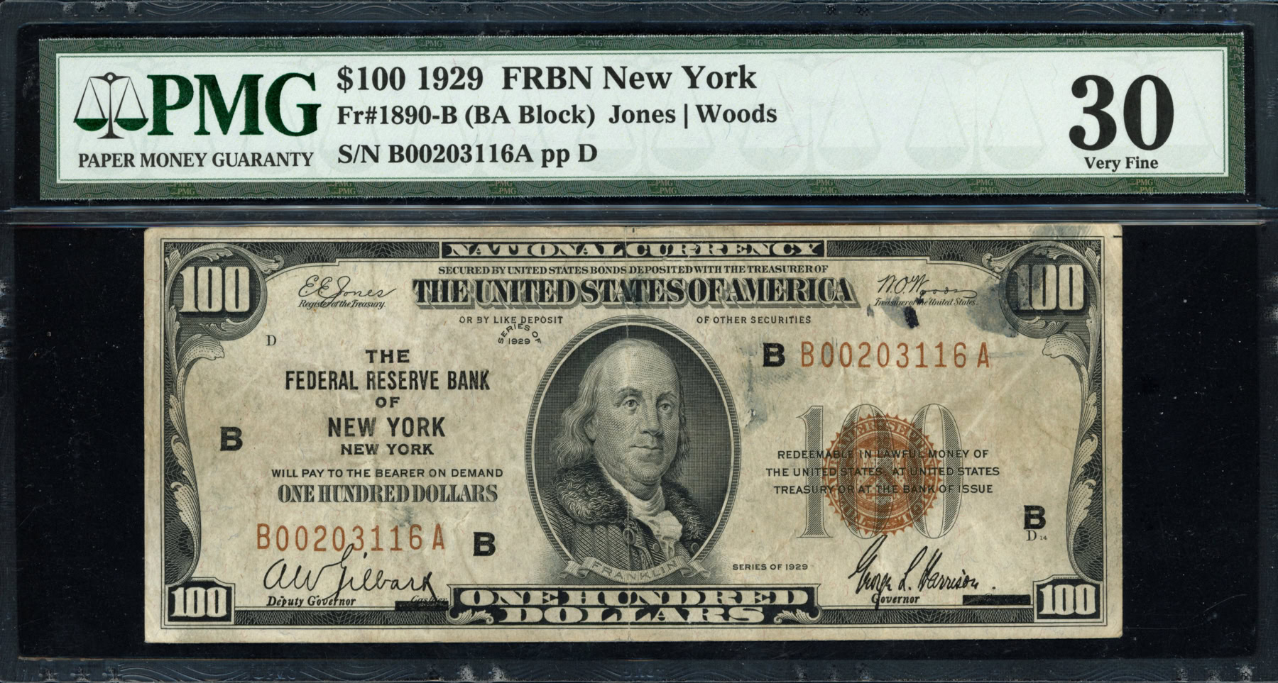 Fr. 1890-B (BA Block) 1929 $100 New York Federal Reserve Bank Note Jones / Woods PMG Very Fine ...
