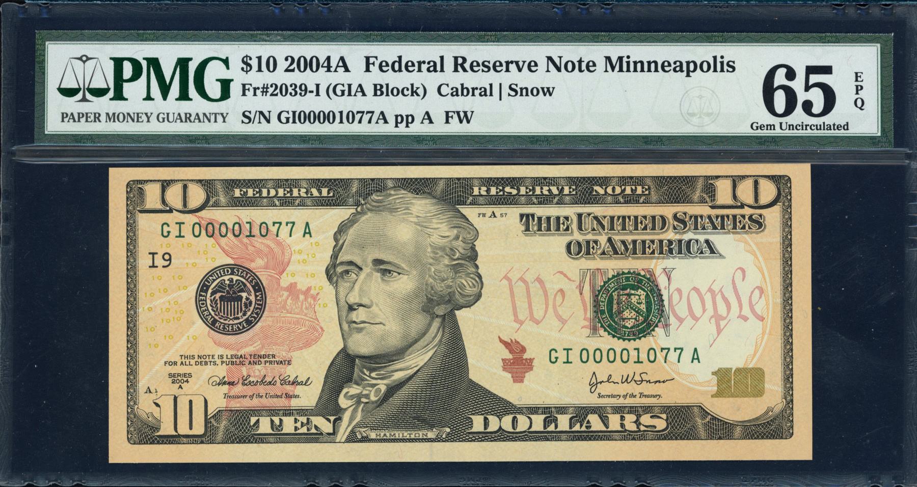 Fr. 2039-I (GIA Block) 2004A $10 Minneapolis Federal Reserve Note *Low ...