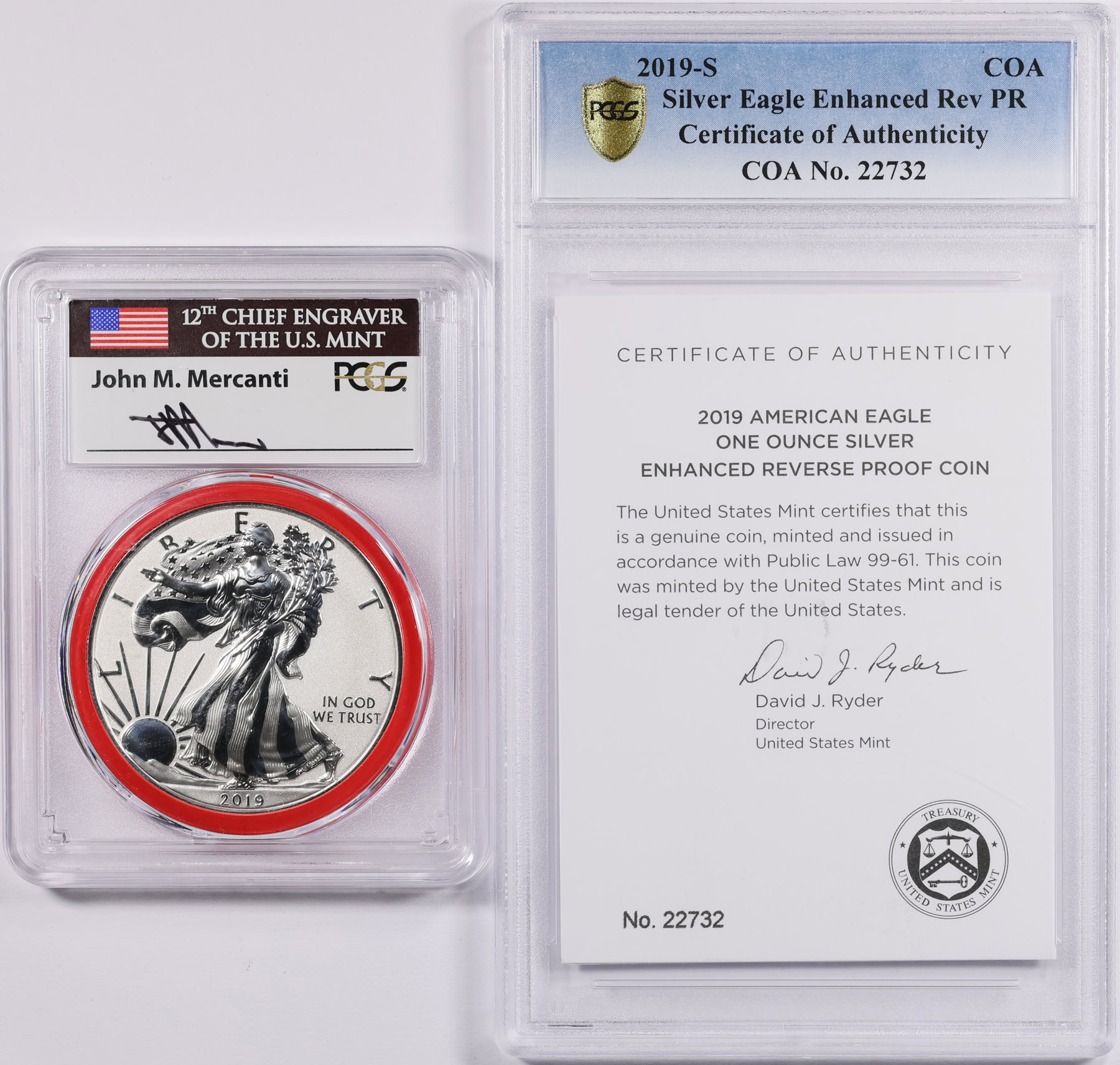 2019-S $1 Silver Eagle Enhanced Reverse Proof First Strike PCGS Proof-70 (Mercanti Signed Flag ...
