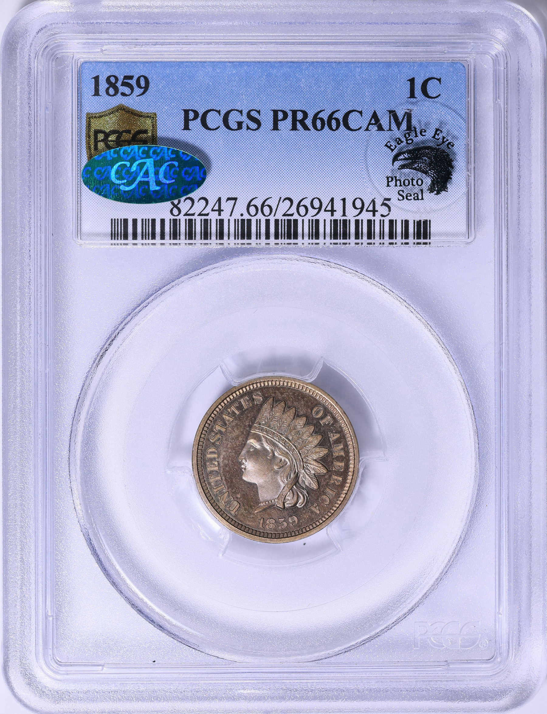 1859 Indian Cent PCGS Proof-66 CAMEO (CAC Green) (Eagle Eye Seal) (Item ...