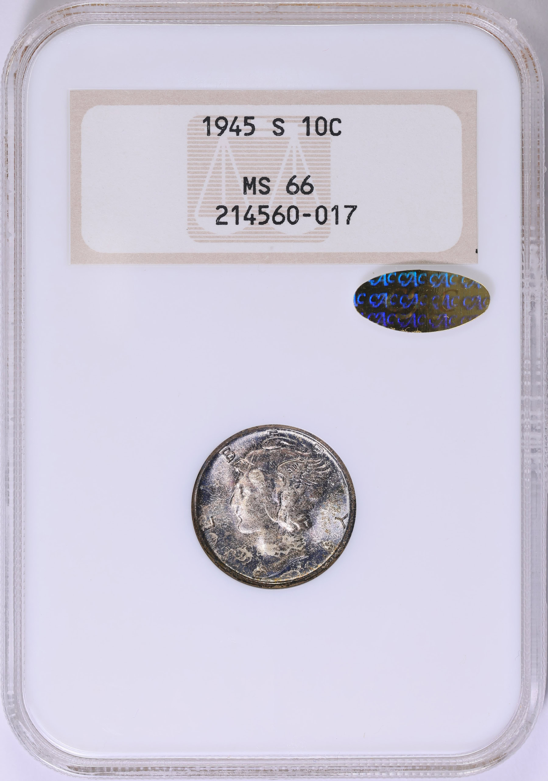 1945-S Mercury Dime NGC MS-66 (CAC Gold) OH (Toned) (Item 1830997) | GreatCollections Coin Auctions