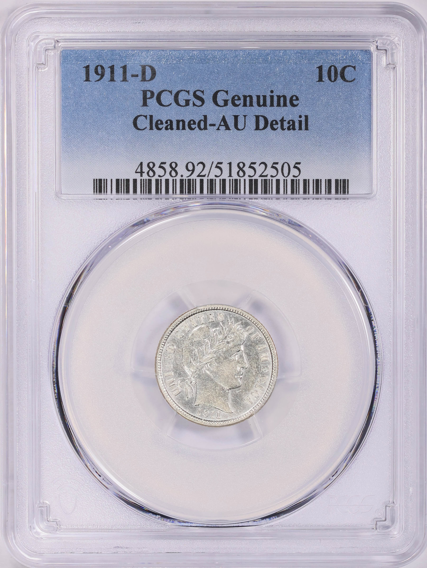 1911-D Barber Dime PCGS Genuine AU Details (Item 1831110) | GreatCollections Coin Auctions