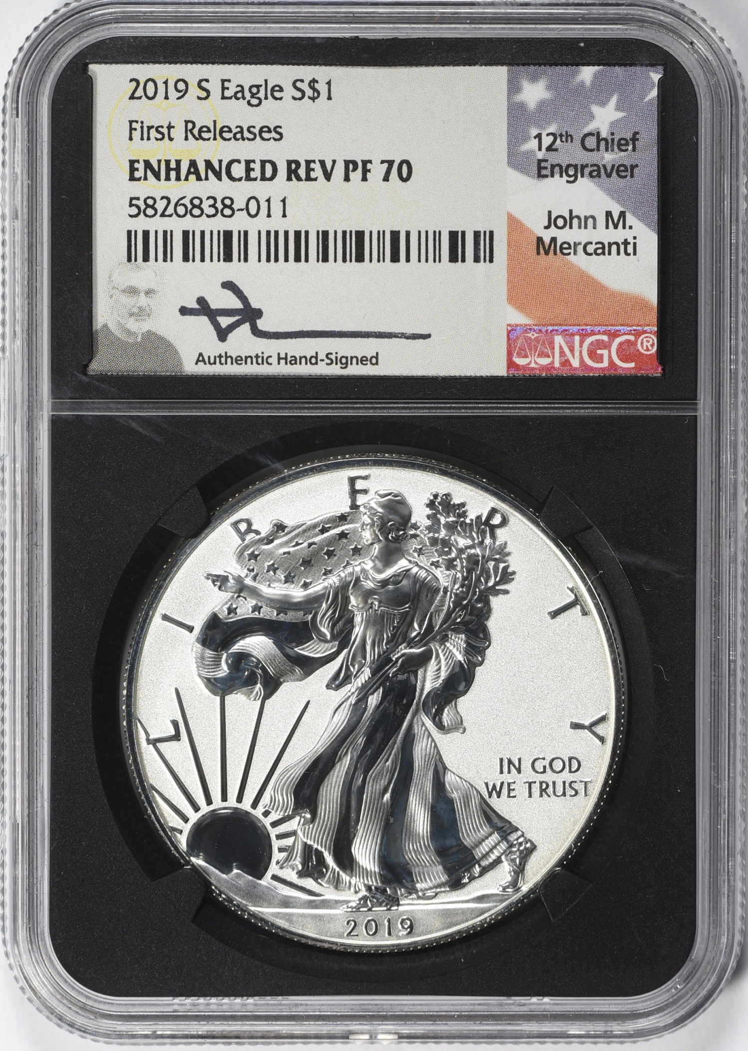 2019-S $1 Silver Eagle Enhanced Reverse Proof First Releases NGC Proof-70 (Mercanti Signed Label ...