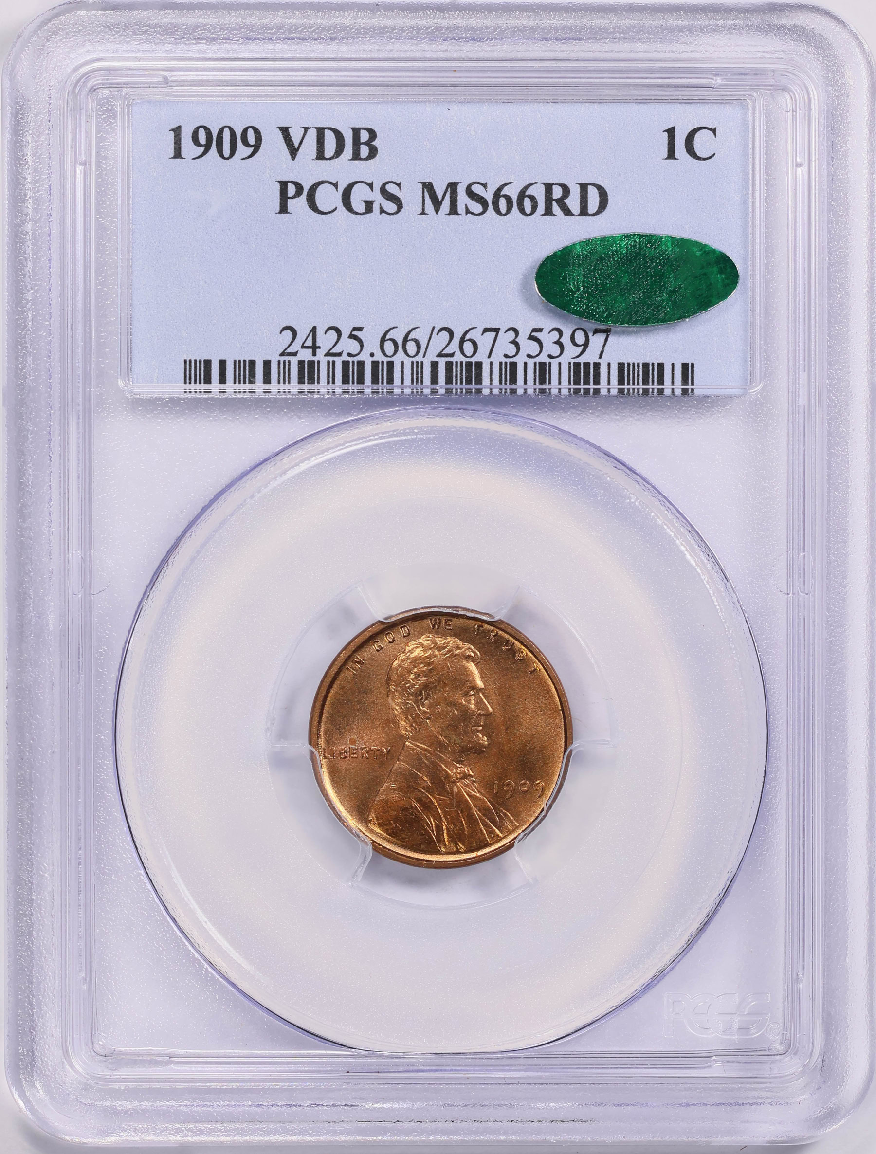 1909 Lincoln Cent V.D.B. PCGS MS-66 RD (CAC Green) (Item 1831235) | GreatCollections Coin Auctions