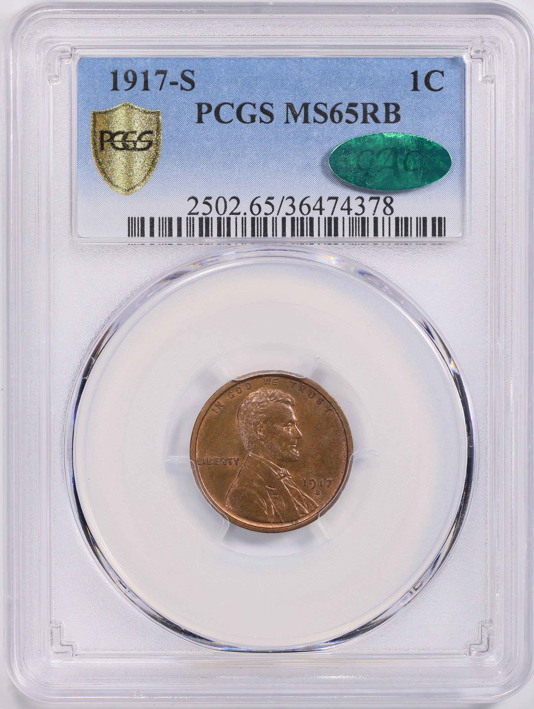 1917-S Lincoln Cent PCGS MS-65 RB (CAC Green) (Item 1831237) | GreatCollections Coin Auctions
