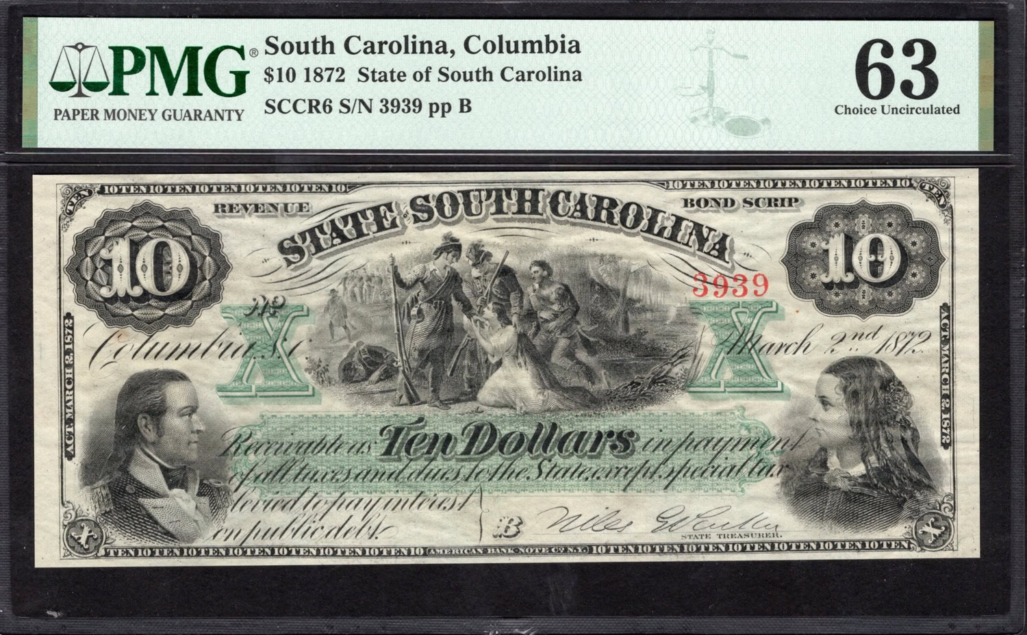 1872 Columbia, South Carolina State of South Carolina $10 Note PMG ...