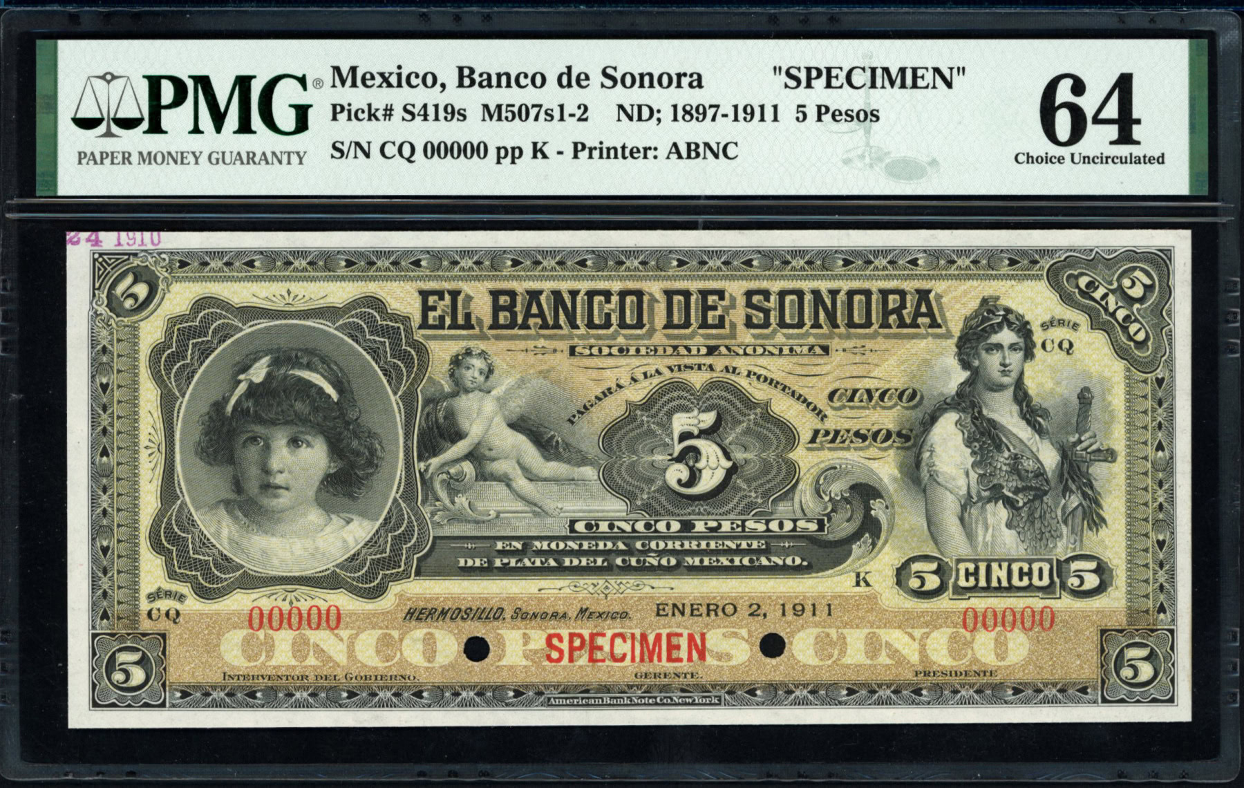 Mexico 1911 5 Pesos Banco de Sonora Specimen Note SCWPM-S419s PMG ...