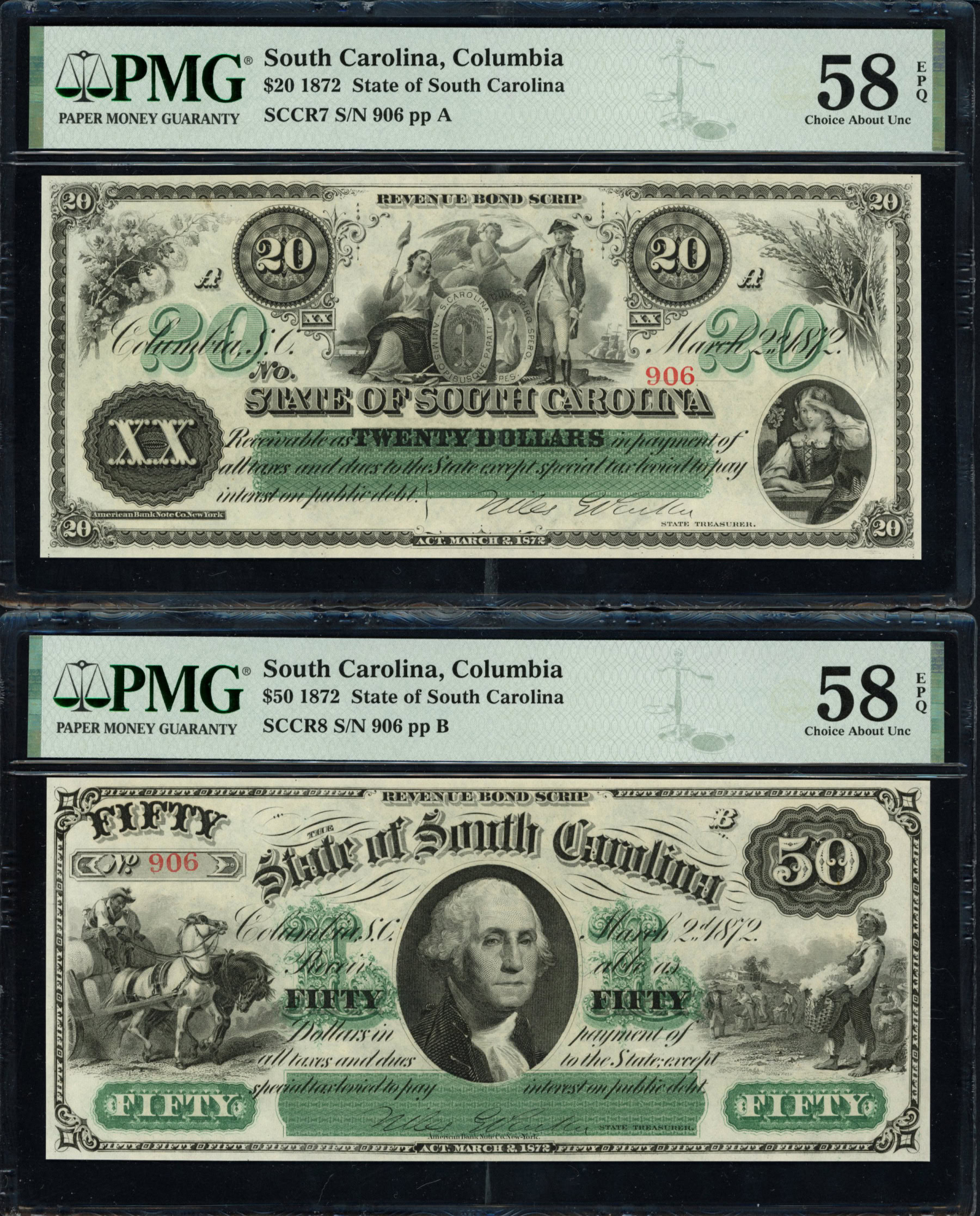 1872 Columbia, South Carolina State of South Carolina $20 & $50 Notes ...