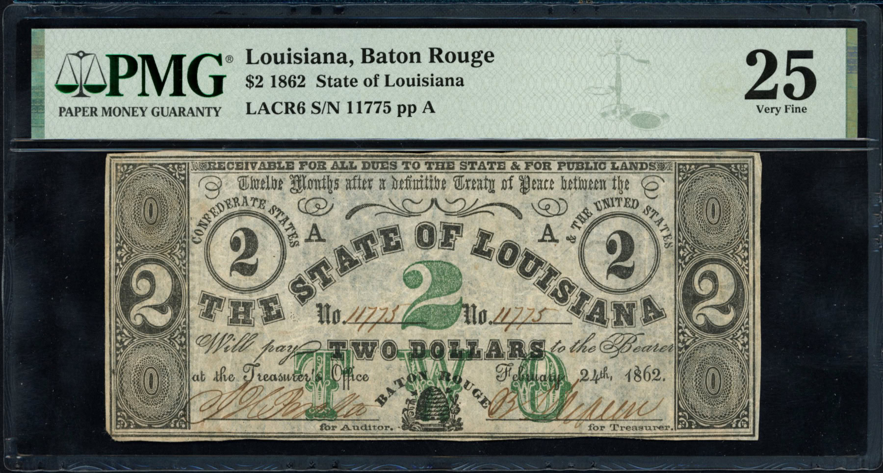 1862 Baton Rouge, Louisiana State of Louisiana $2 Note PMG Very Fine 25 ...