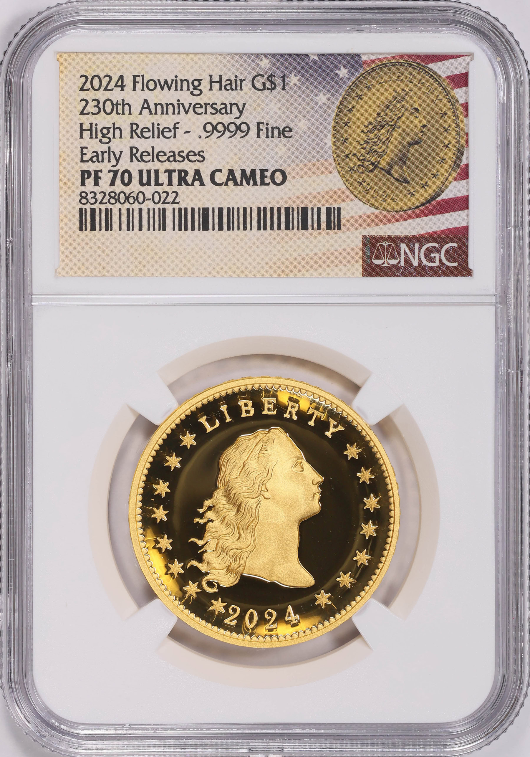 2024 Flowing Hair High Relief Gold Dollar 230th Anniversary Early Releases NGC Proof-70 UC | NGC ...