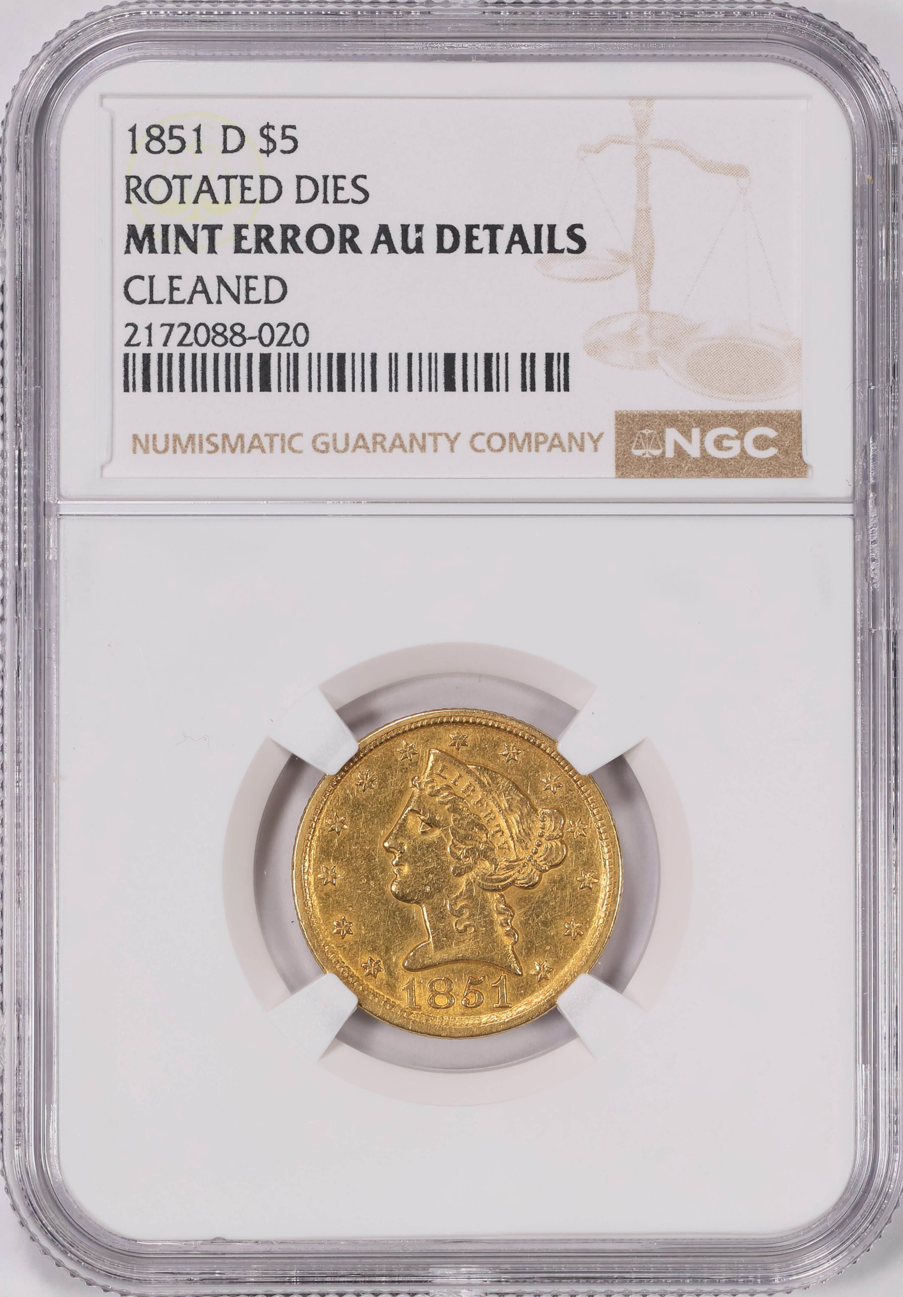 Mint Error 1851-D Liberty Gold Half Eagle Rotated Dies NGC AU Details ...