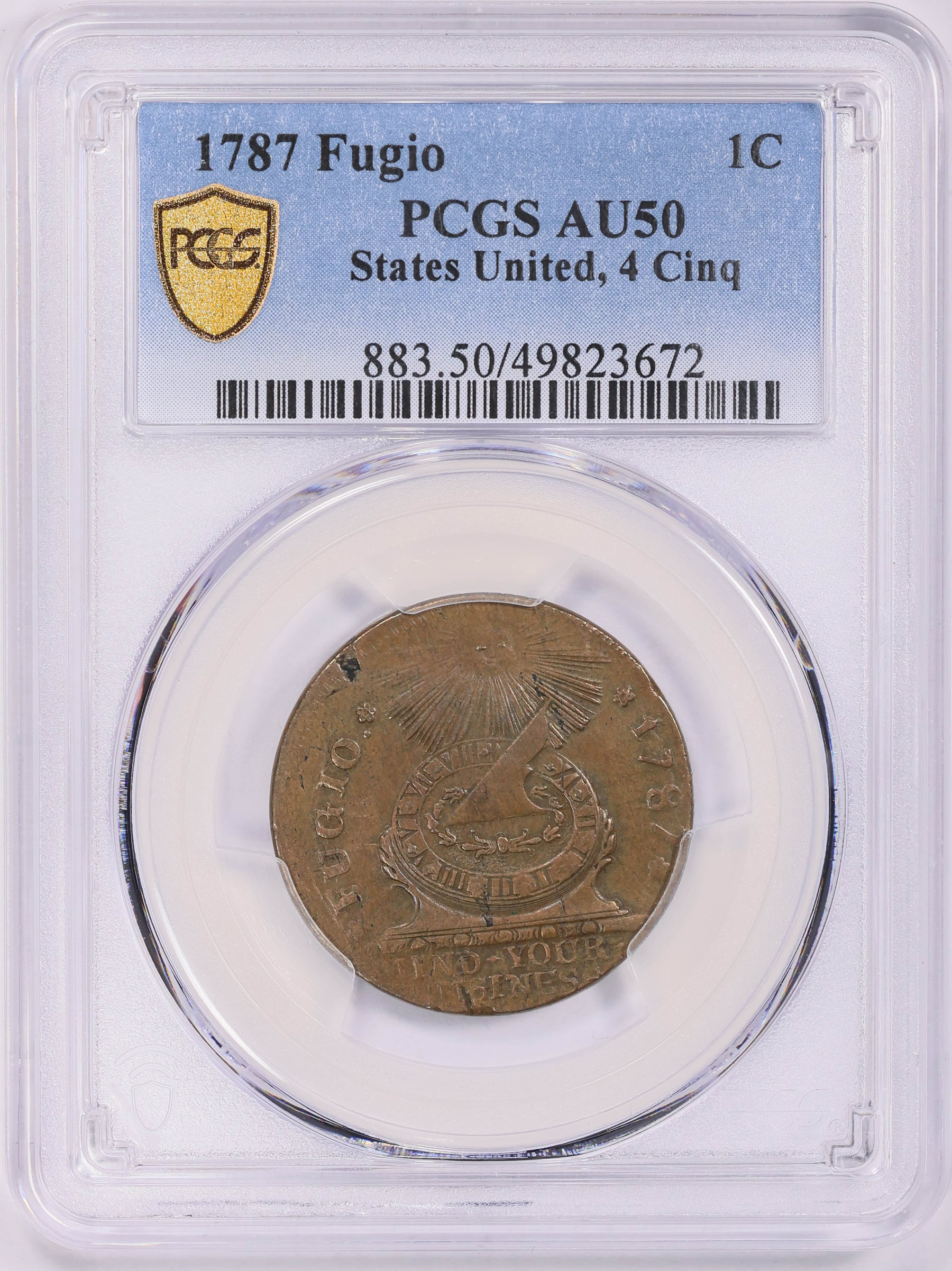 1787 Fugio Cent STATES UNITED, 4 Cinquefoils PCGS AU-50 (Item 1831713 ...