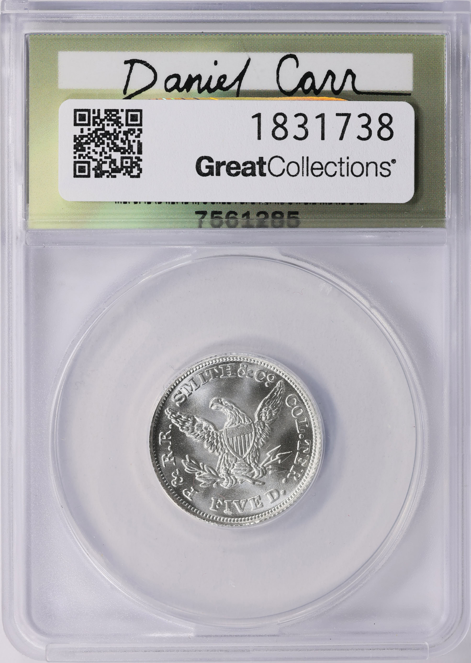 1862 Daniel Carr Token Silver $5 P & R.R. Smith & Co ANACS MS-70 ...