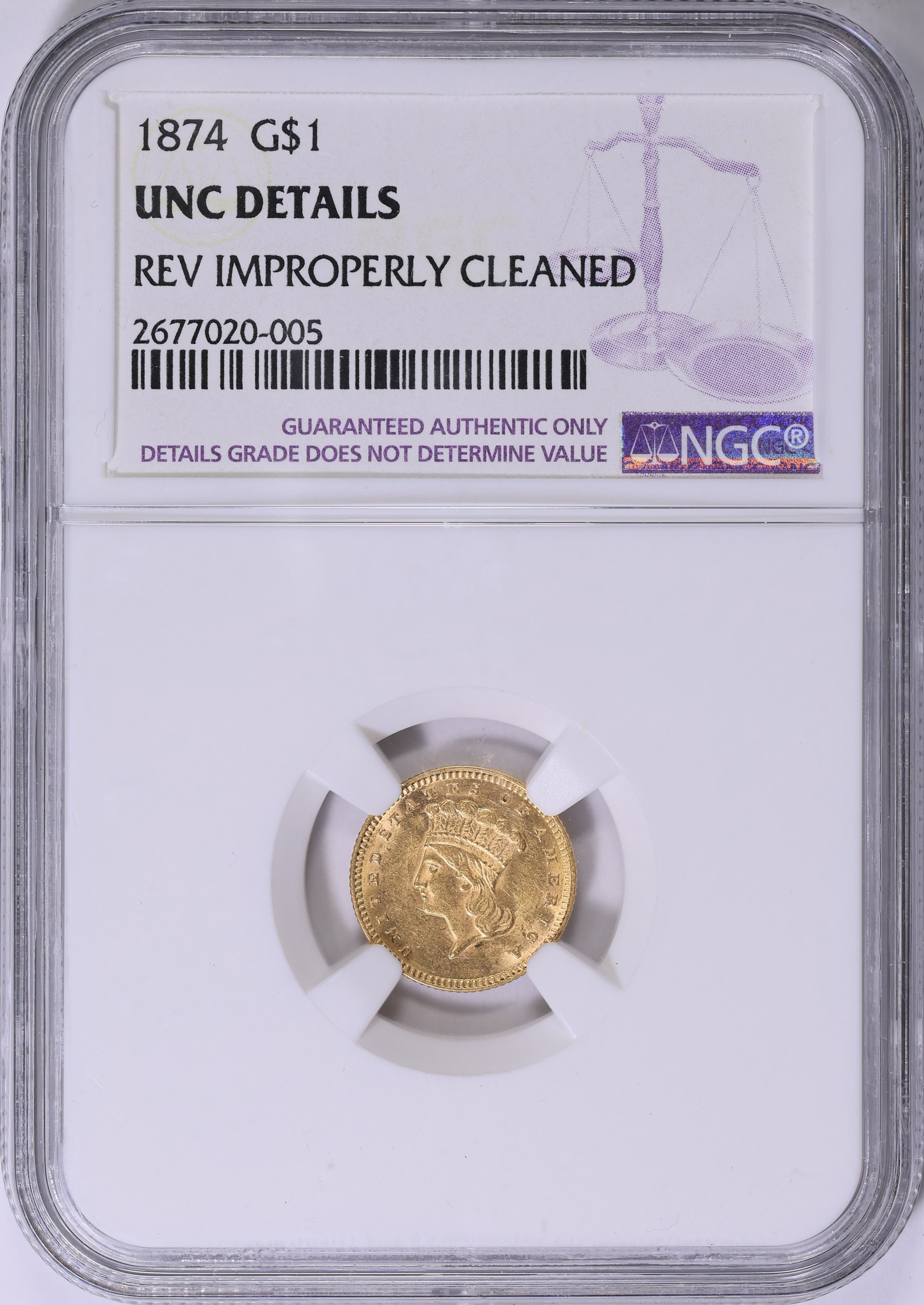 1874 Indian Princess Gold Dollar NGC Unc Details (Item 1831814 ...