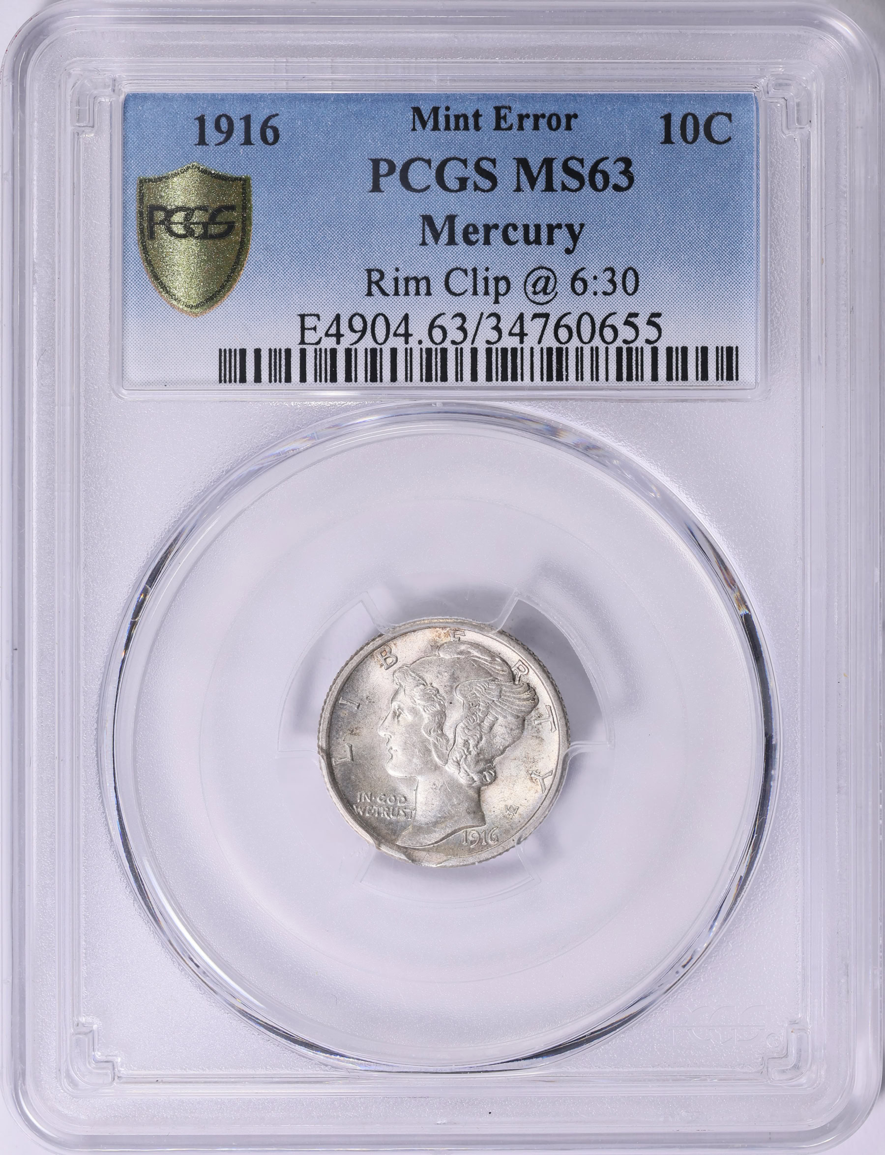Mint Error 1916 Mercury Dime Rim Clip at 6:30 PCGS MS-63 | PCGS Cert ...